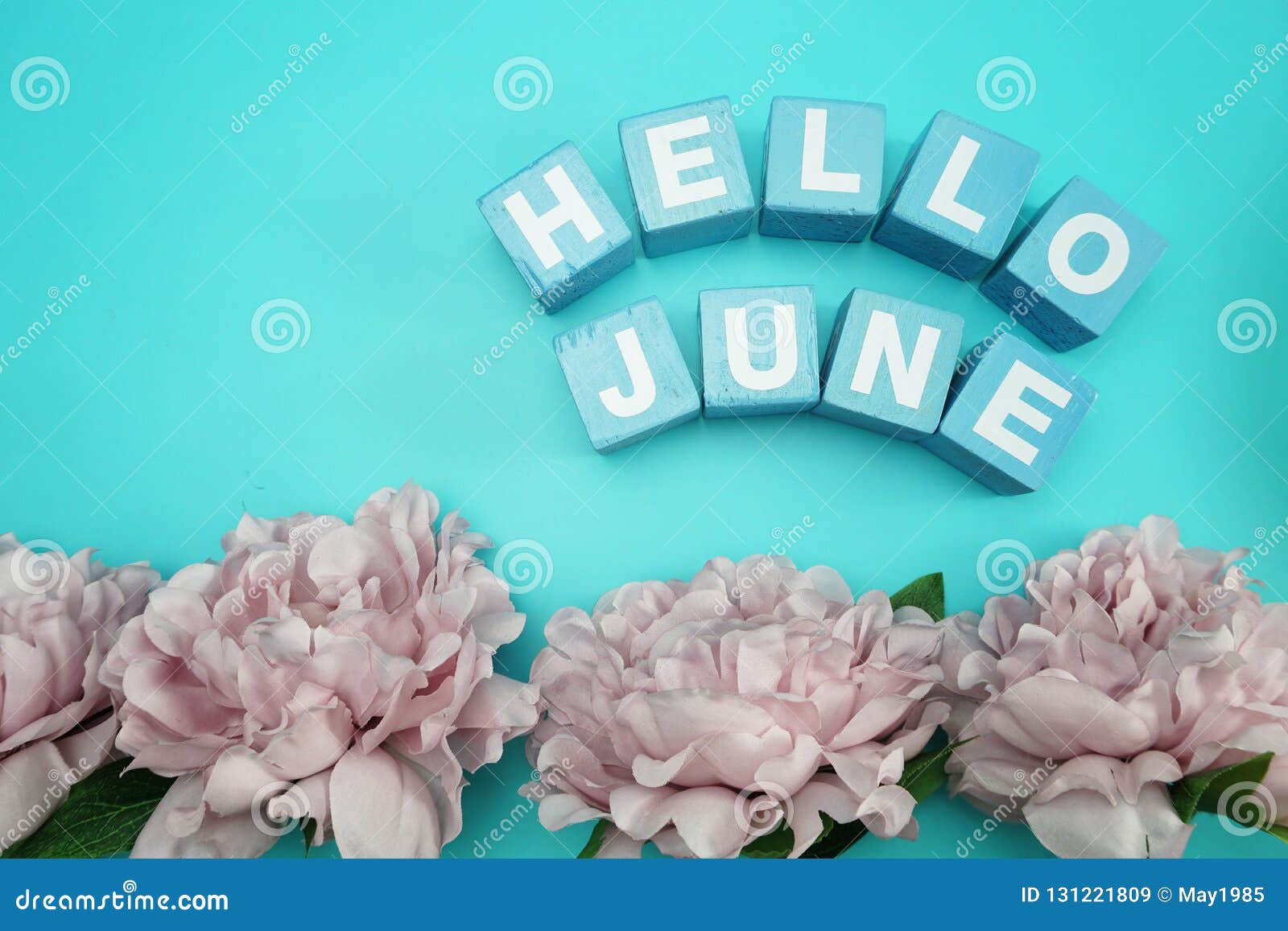 Hello June with Artificial Peony Flower on Blue Background Stock Image ...