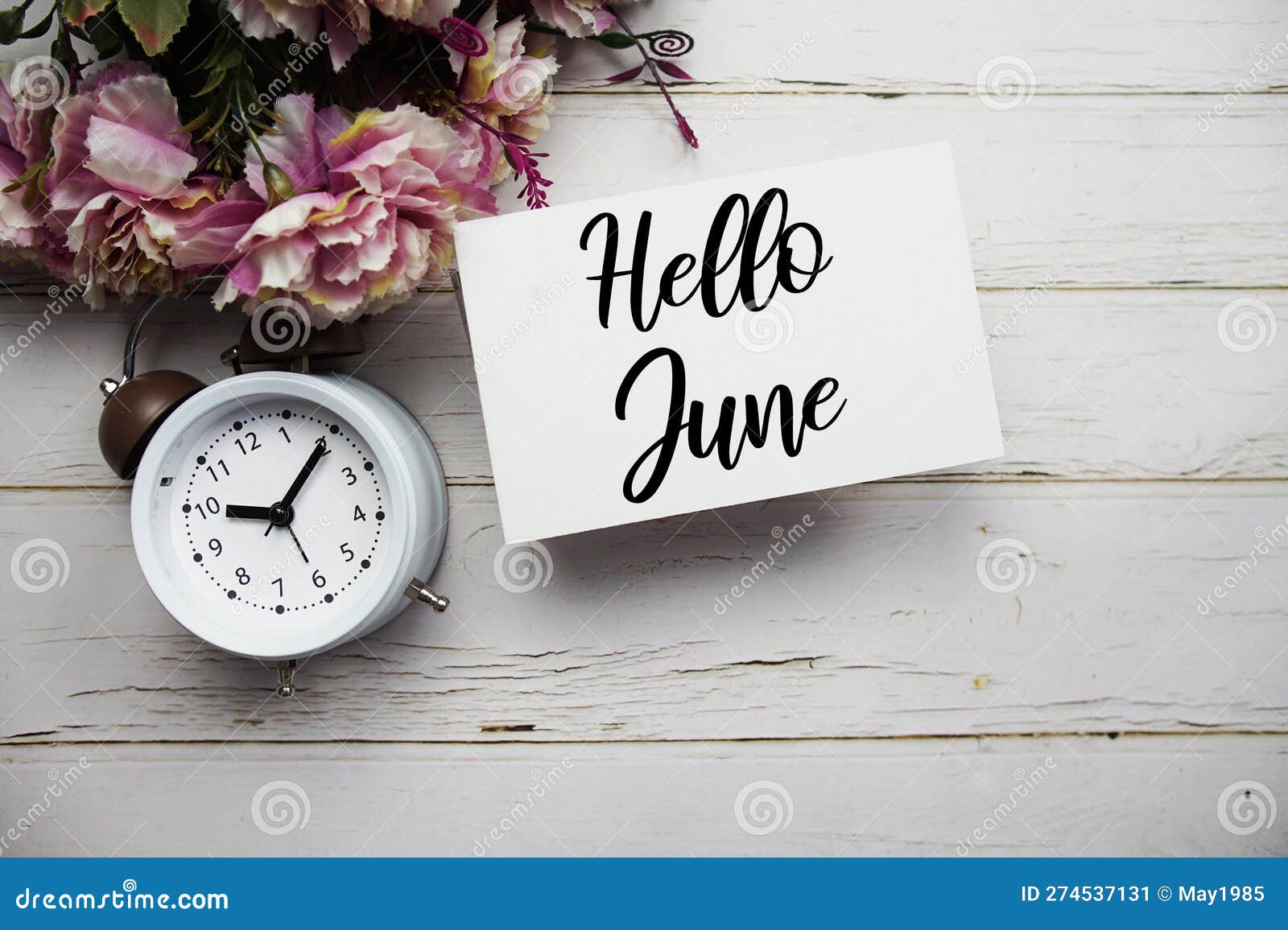 Hello June Text Message with Flower and Alarm Clock on Wooden ...