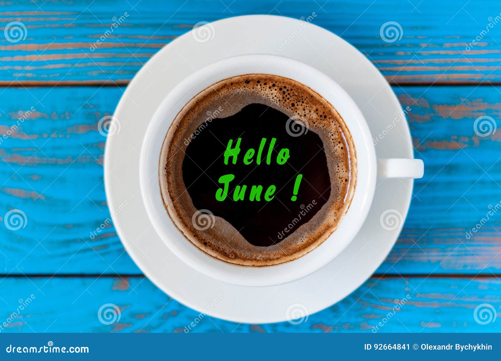 Hello June Text on Morning Cup of Coffee at Blue Wooden Background ...