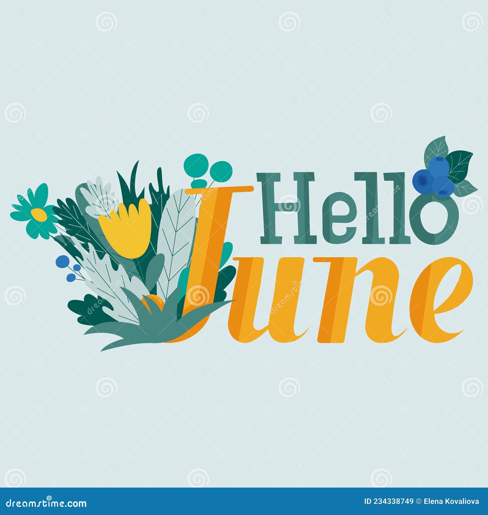 Hello June. Vector Text with Elements of Flowers, Leaves, Blueberries ...