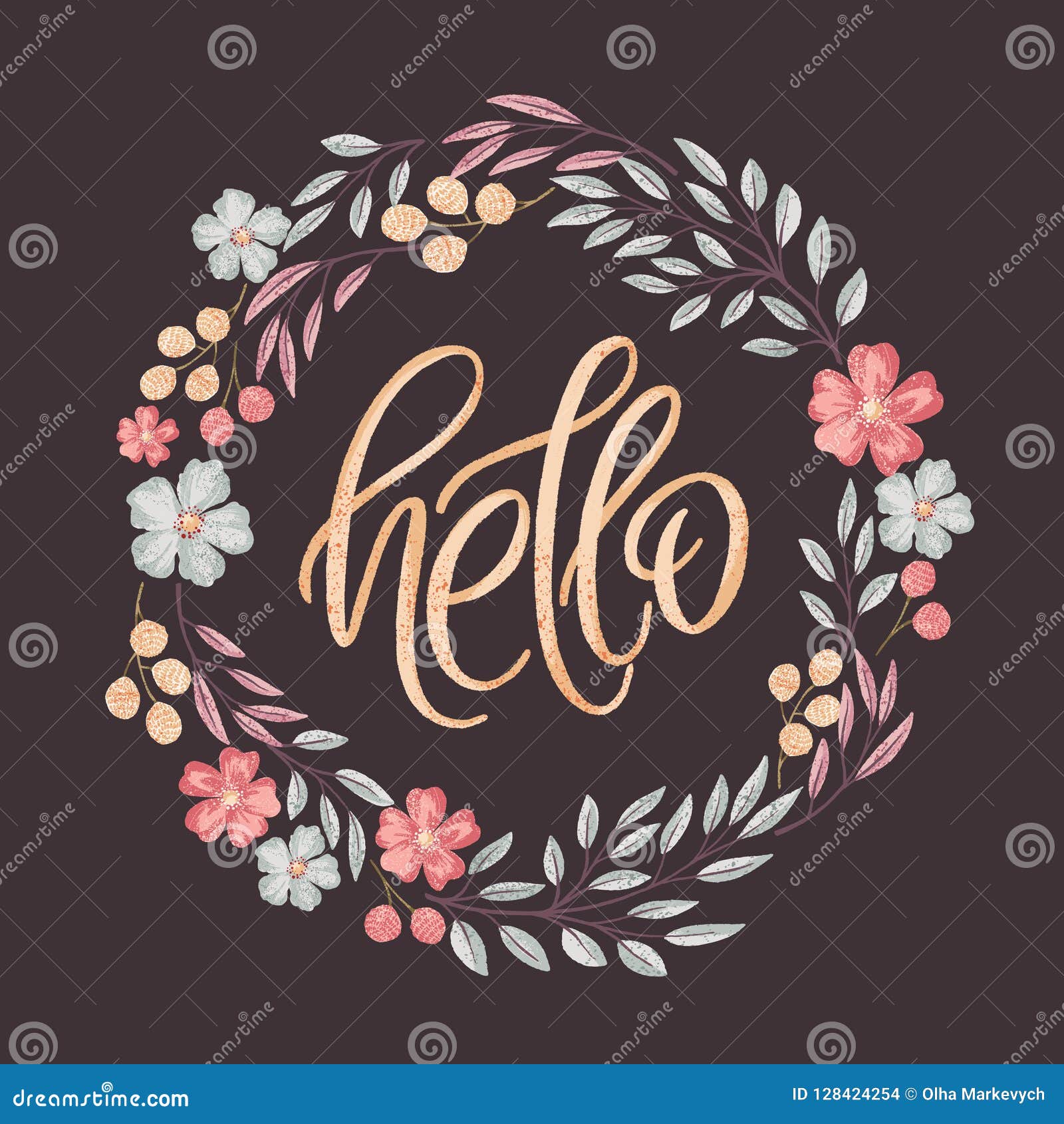 Hello Lettering in Floral Frame Stock Vector - Illustration of ...