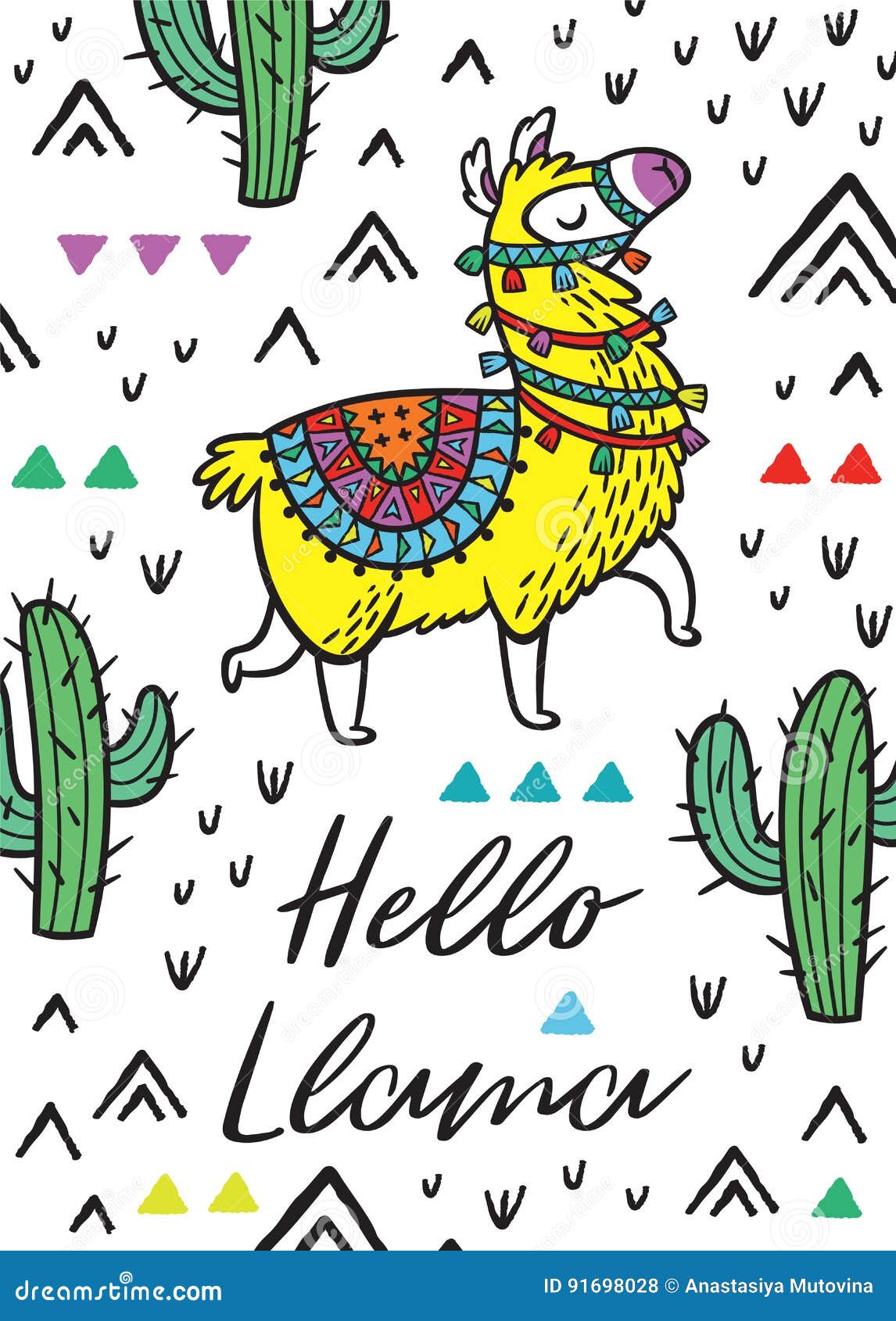 Hello Llama. Print with Alpaca and Cactuses Stock Vector - Illustration ...