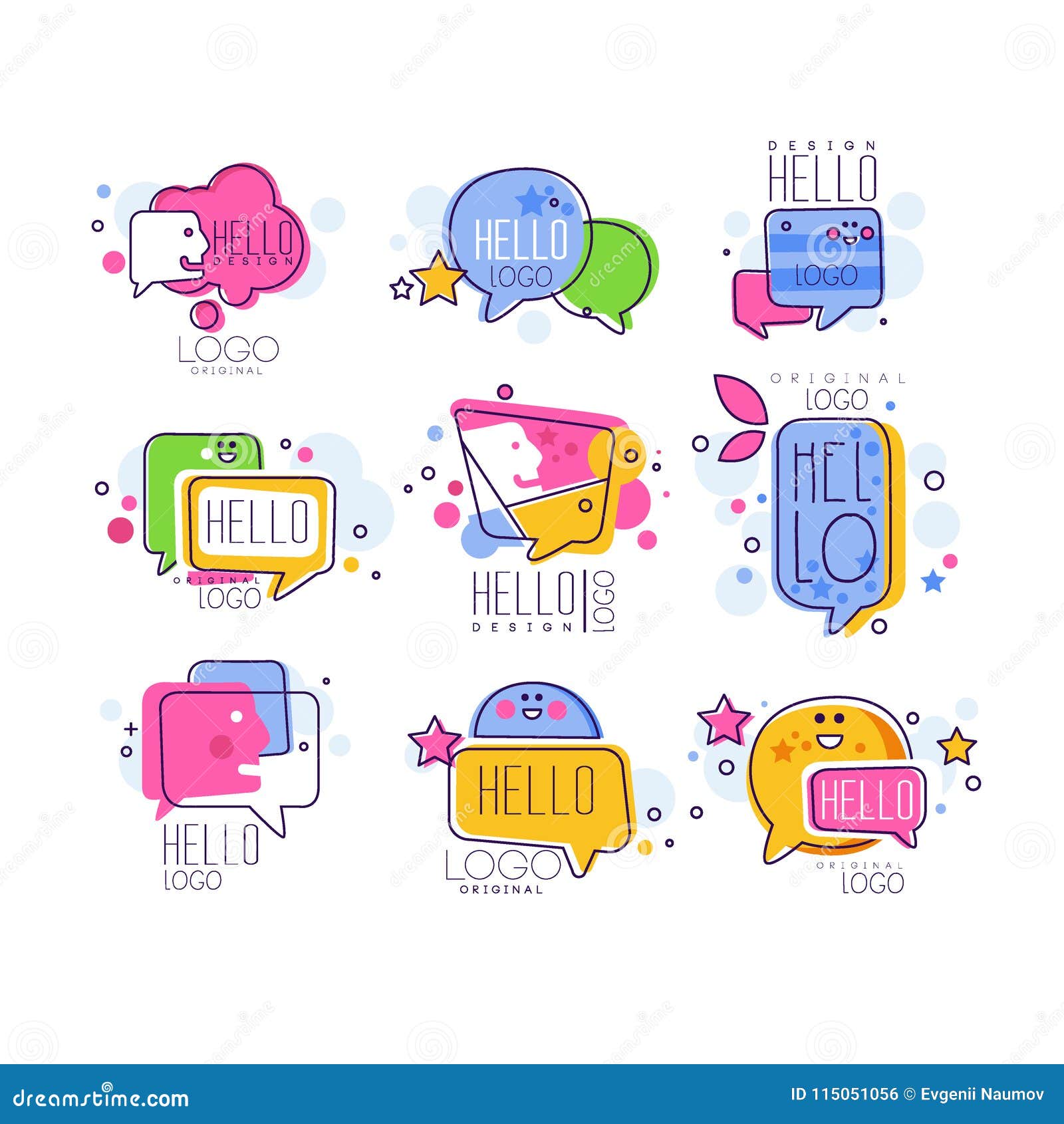 Hello Logo Templates Set, Bright Badges, Hello Quote Message Bubble ...