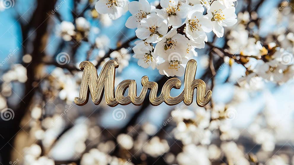 Hello March Golden Script Against a Backdrop of Blooming White Flowers ...