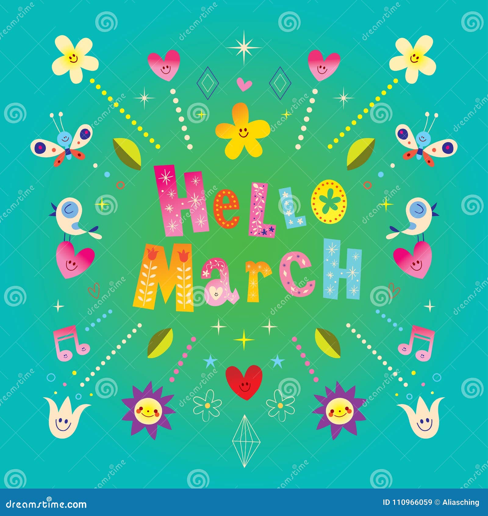 Hello March greeting card stock vector. Illustration of design - 110966059