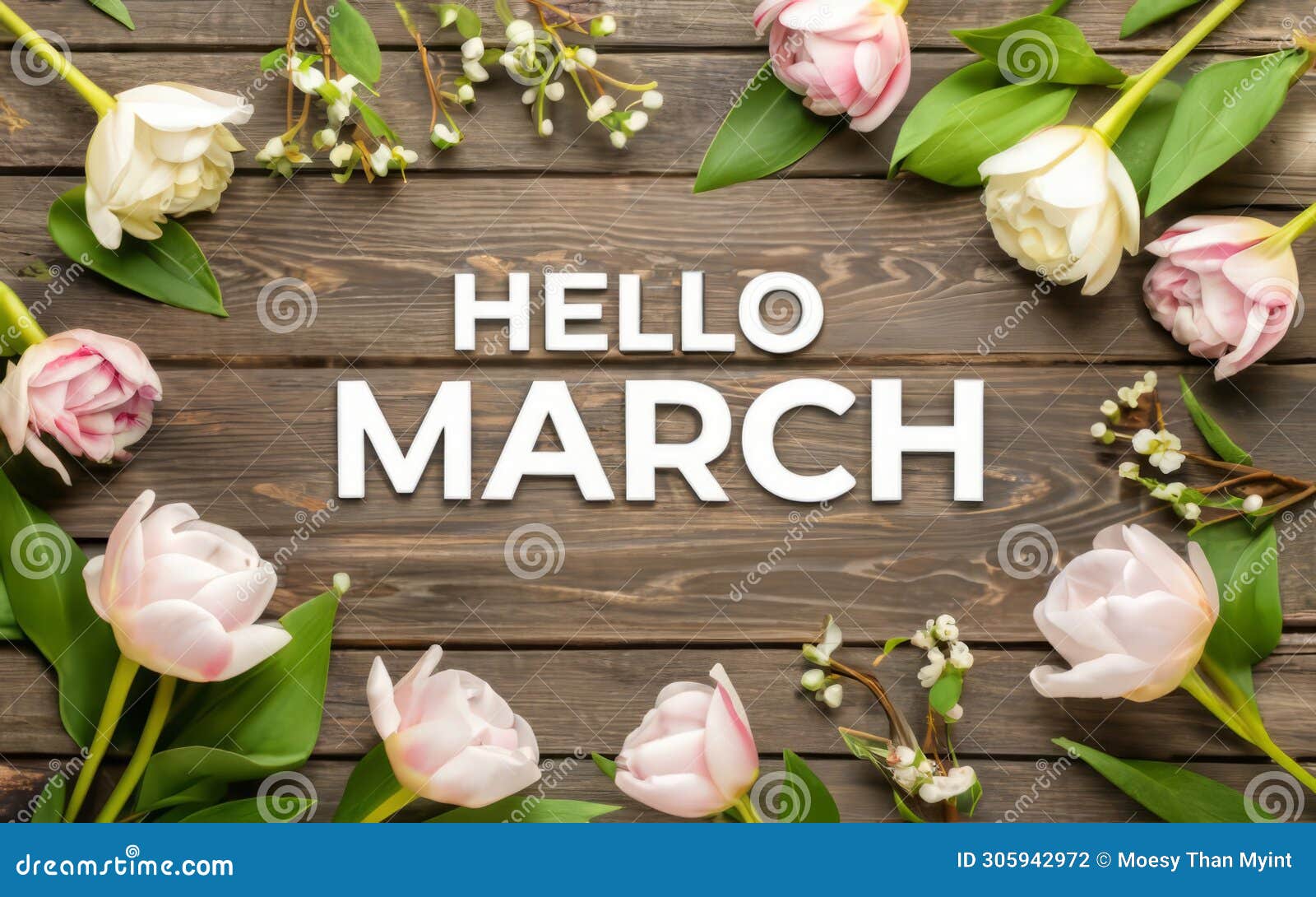 Hello March greeting card stock illustration. Illustration of leves ...