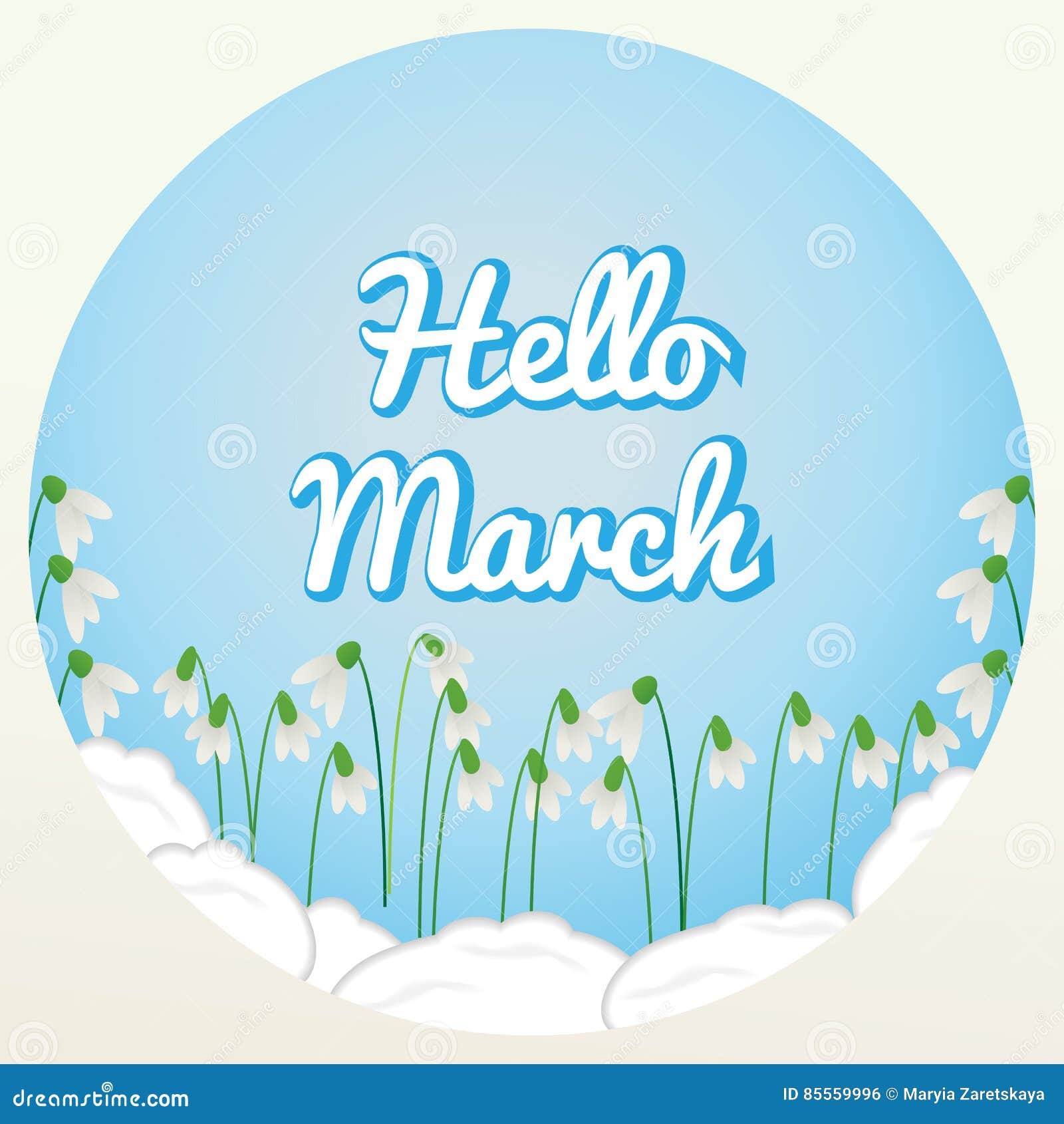 Hello March Lettering on Blue Background with Snowdrops Flowers Stock ...