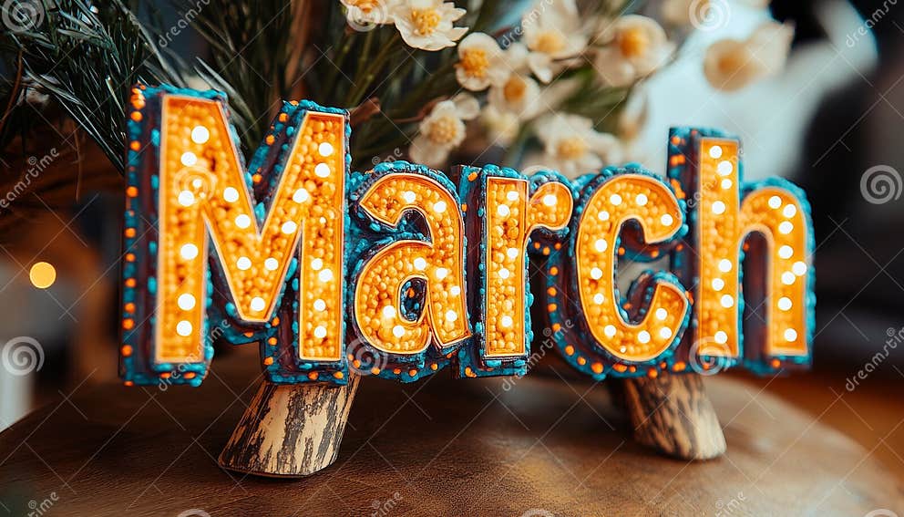 Hello, March. Lighted March Sign with Flowers Symbolizing Spring ...