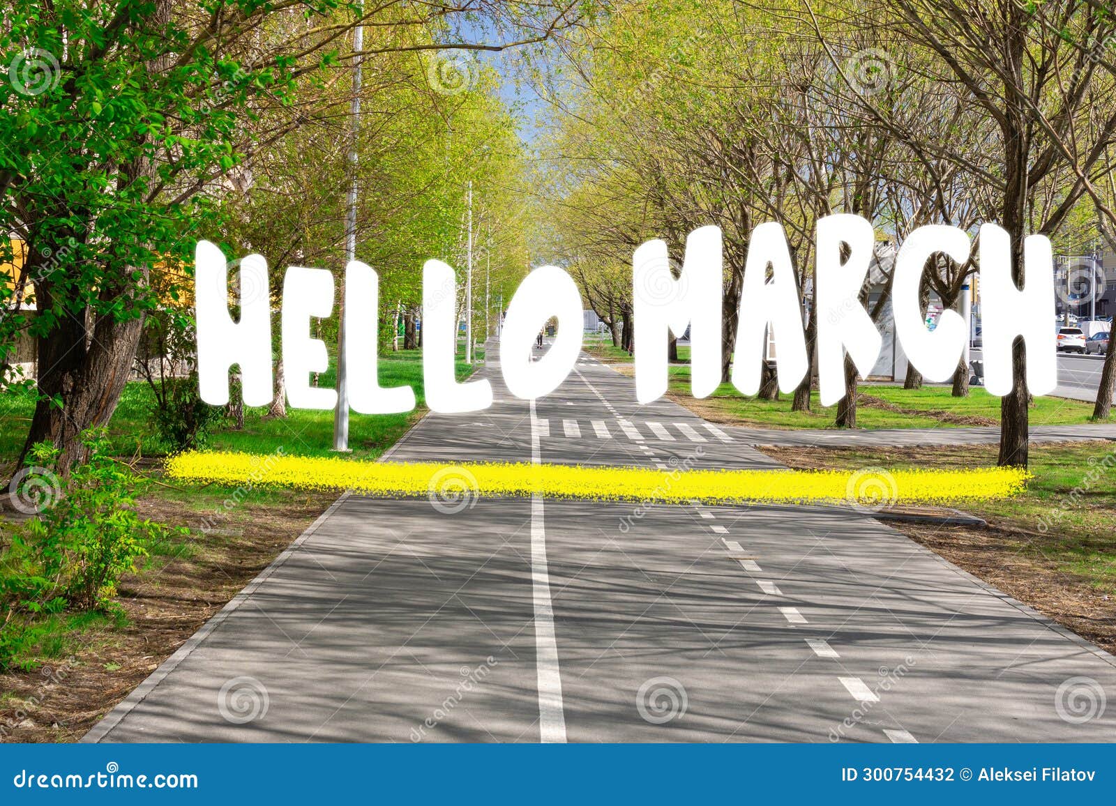 Hello, March is the Time of Spring, the Road with Branched in City ...