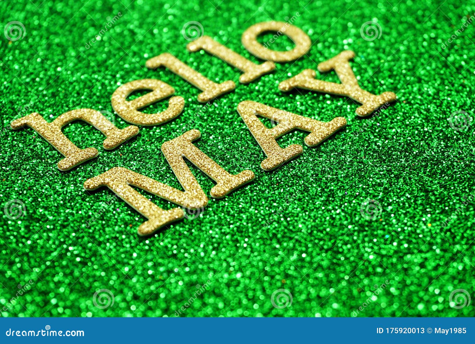 Hello May Alphabet Letters on Green Glitter Background Stock Image ...