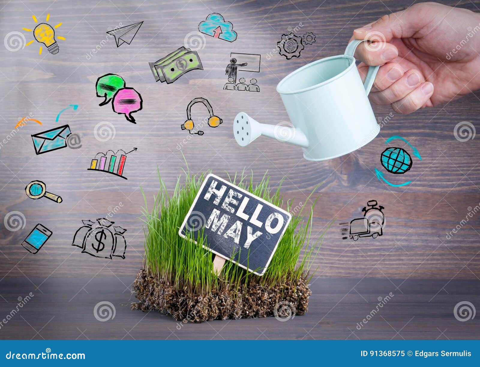 Hello May Concept. Fresh and Green Grass on Wood Background Stock Image ...