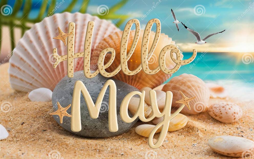 Hello May Greeting Card with Beach Theme Stock Illustration ...
