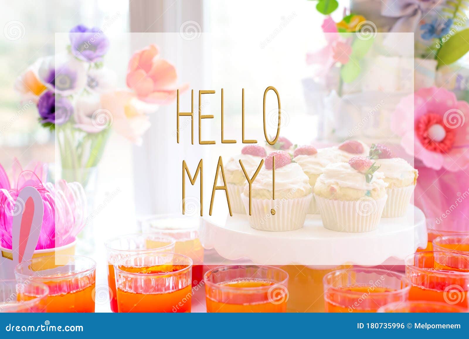 Hello May Message with Dessert Table Stock Photo - Image of event ...