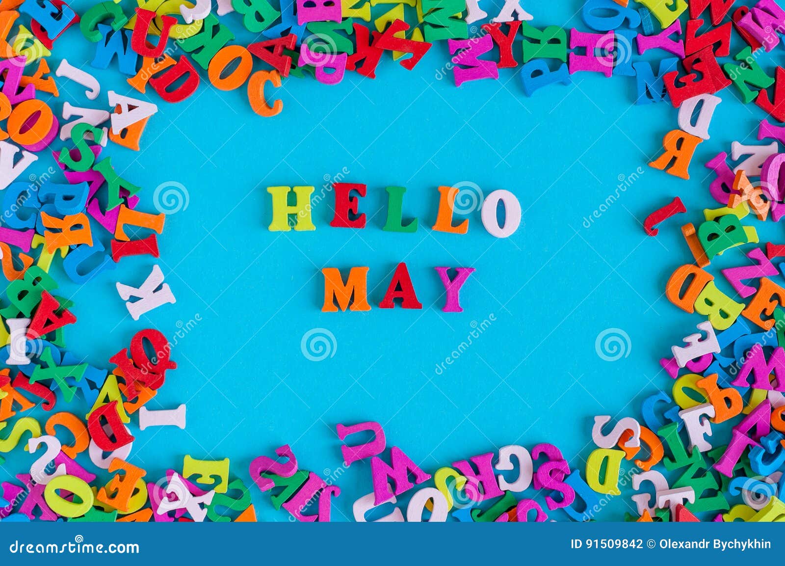 Hello May Text on Blue Background in Many Color Alphabet Letters Frame ...