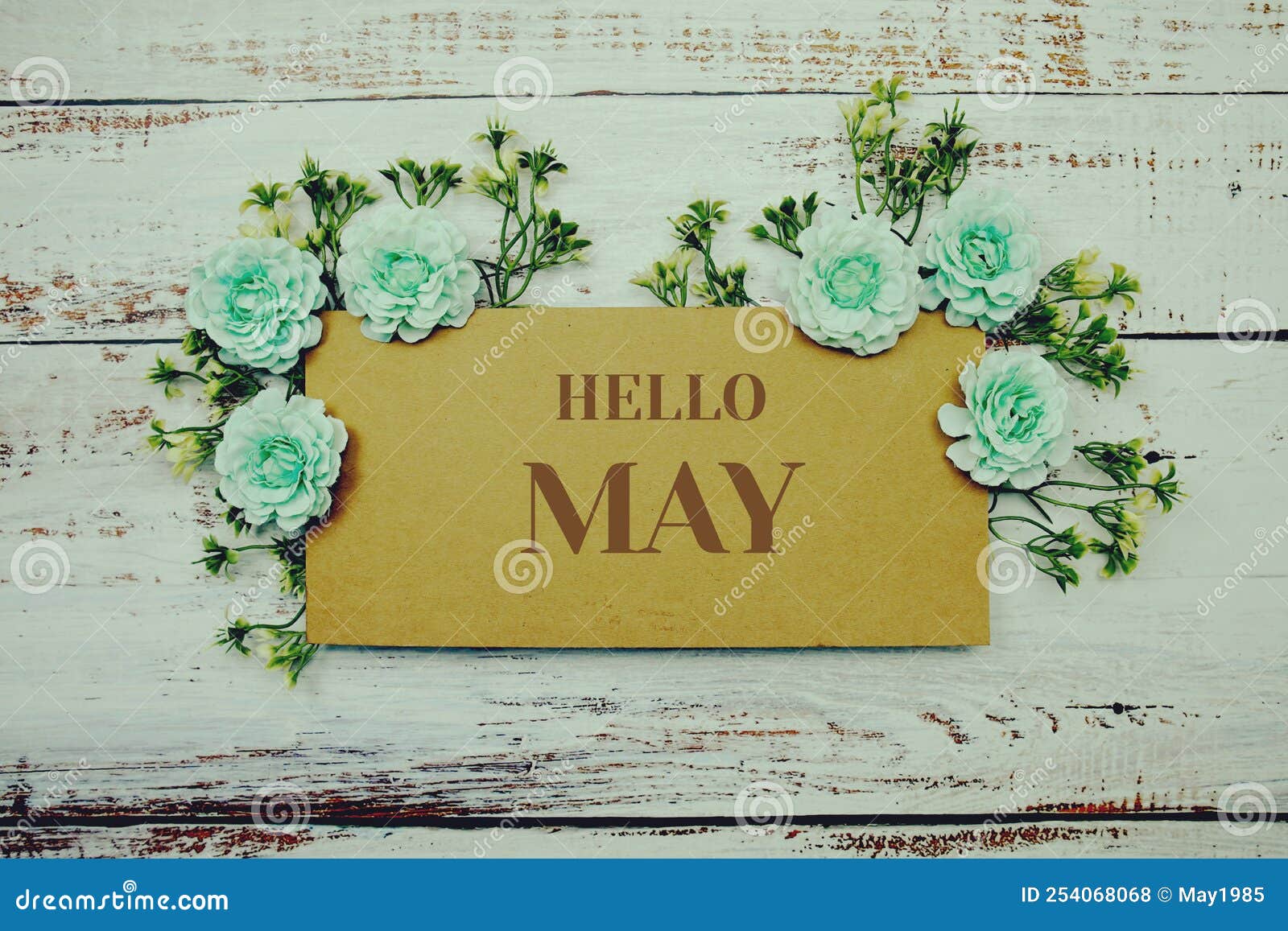 Hello May Typography Text Decorate with Flower on Wooden Background ...
