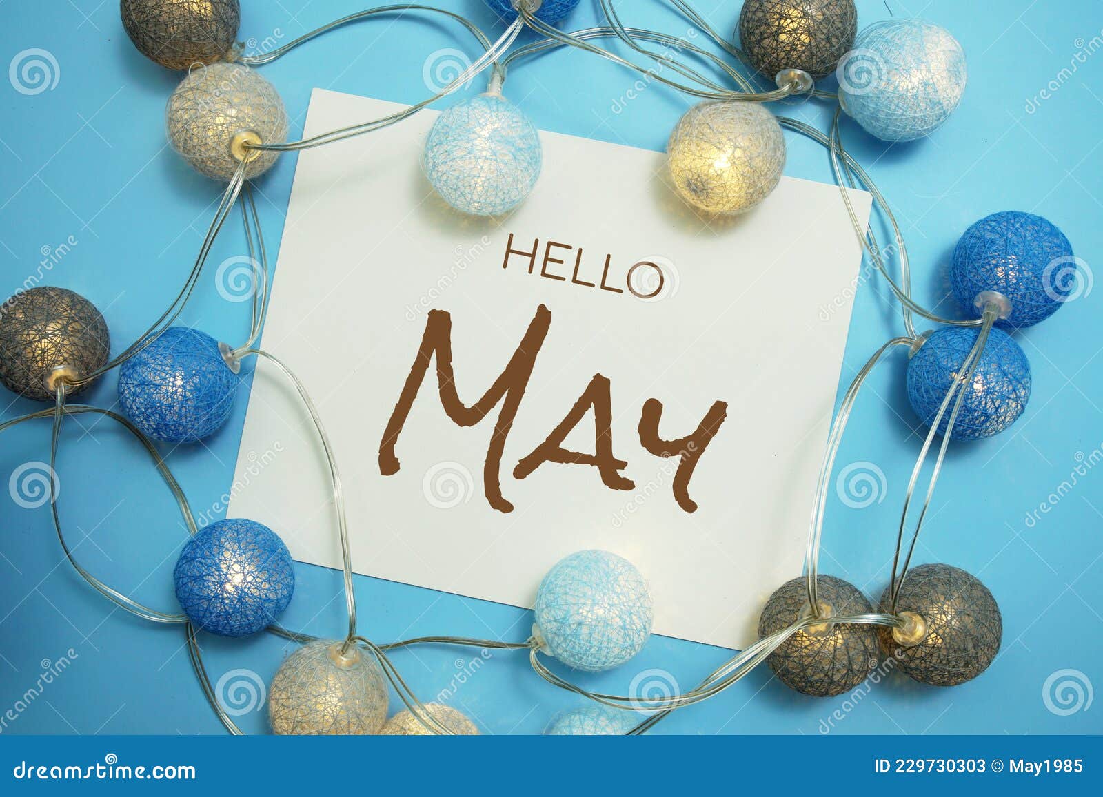Hello May Typography Text with LED Cotton Ball on Blue Background Stock ...