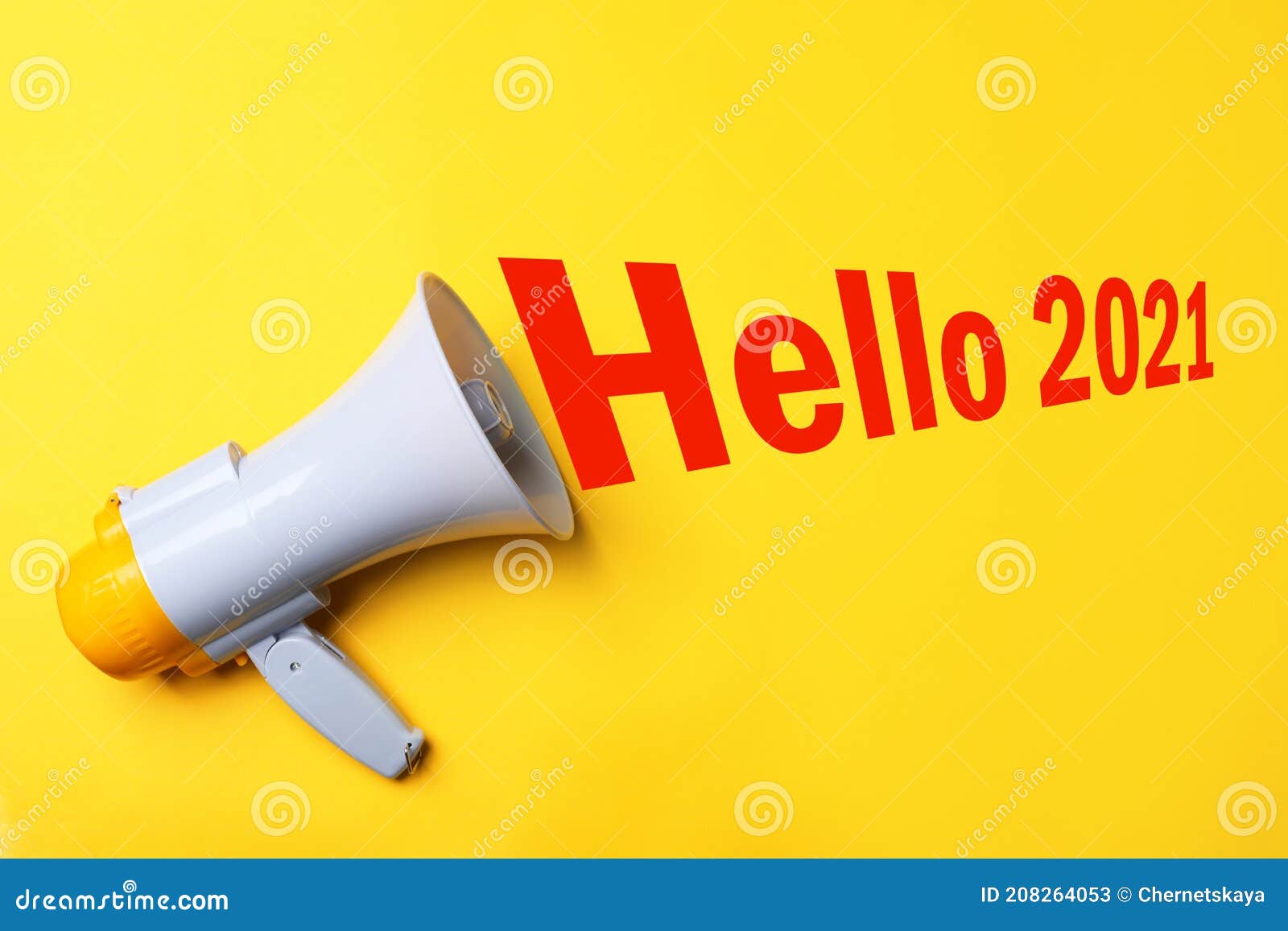 Hello 2021. Megaphone on Yellow Background, Top View Stock Image ...