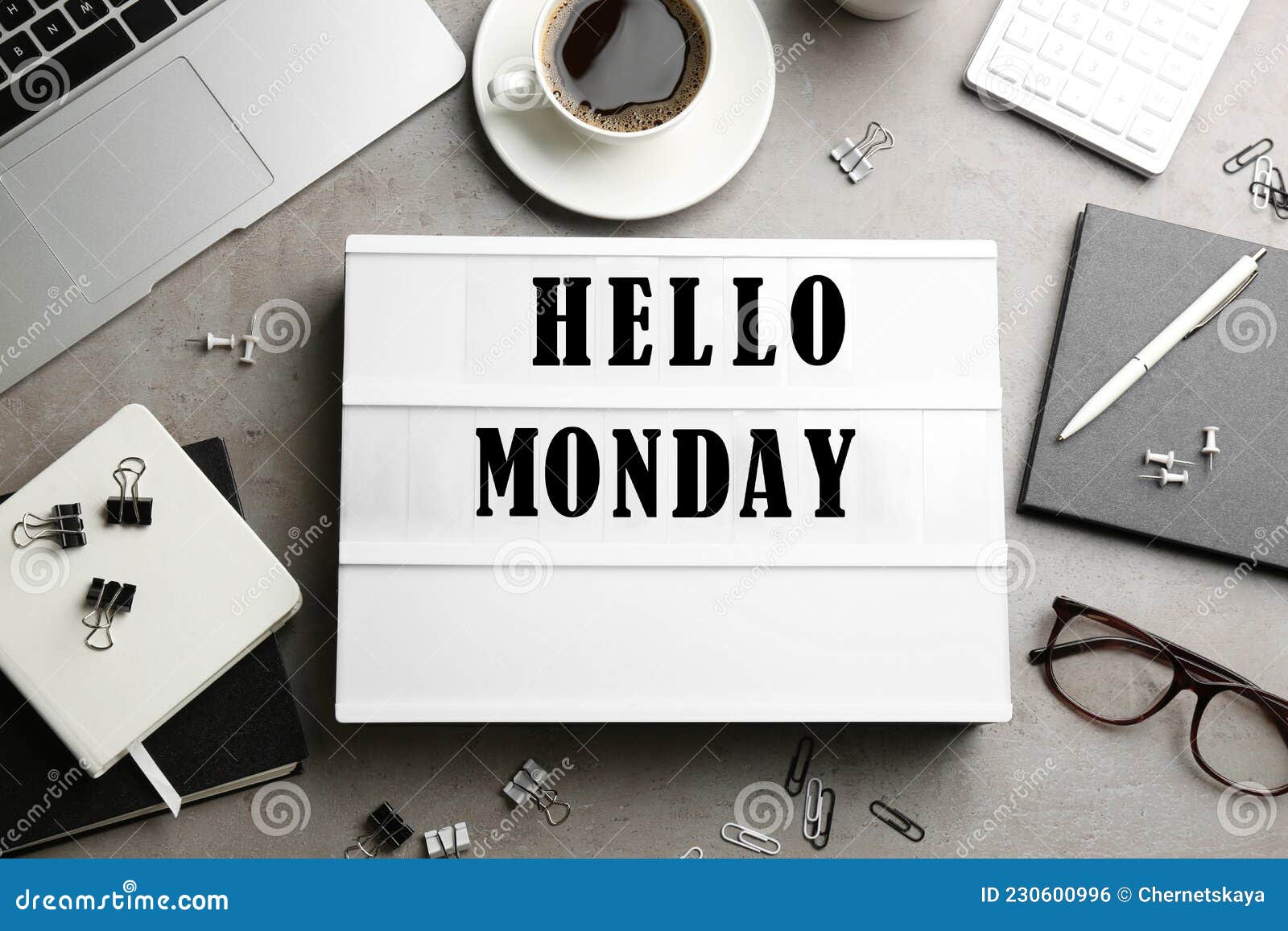 Hello Monday, Start Your Week with Good Mood. Flat Lay Composition with ...