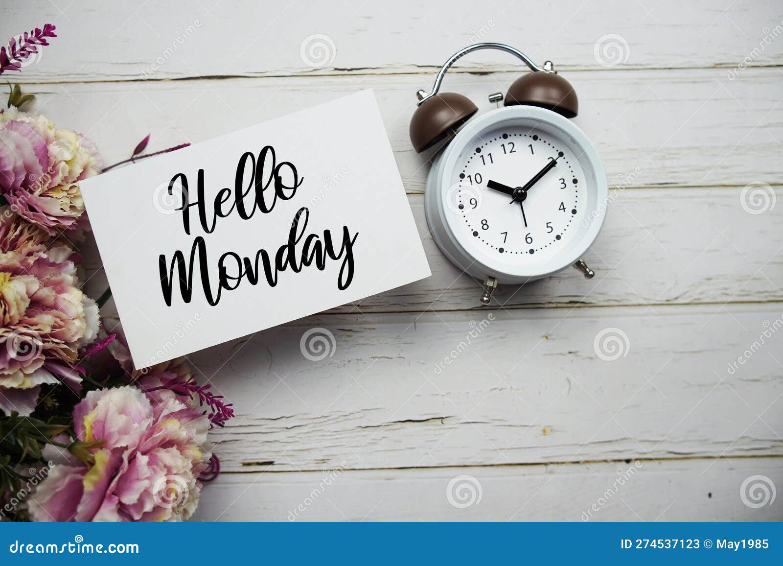 Hello Monday Text Message with Alarm Clock Top View on Wooden ...