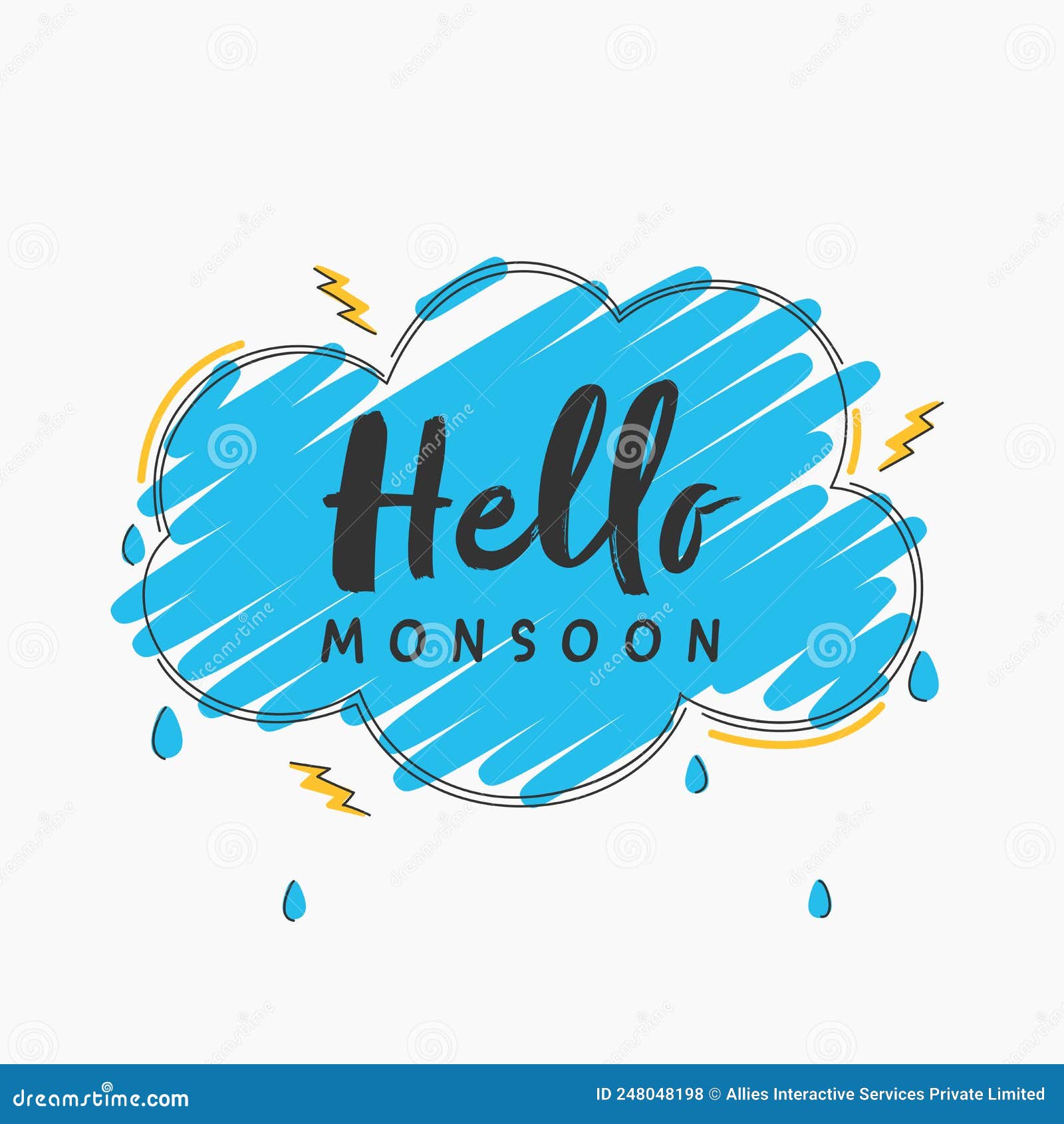 Hello Monsoon Lettering with Lightning Bolts, Water Drops and Blue ...