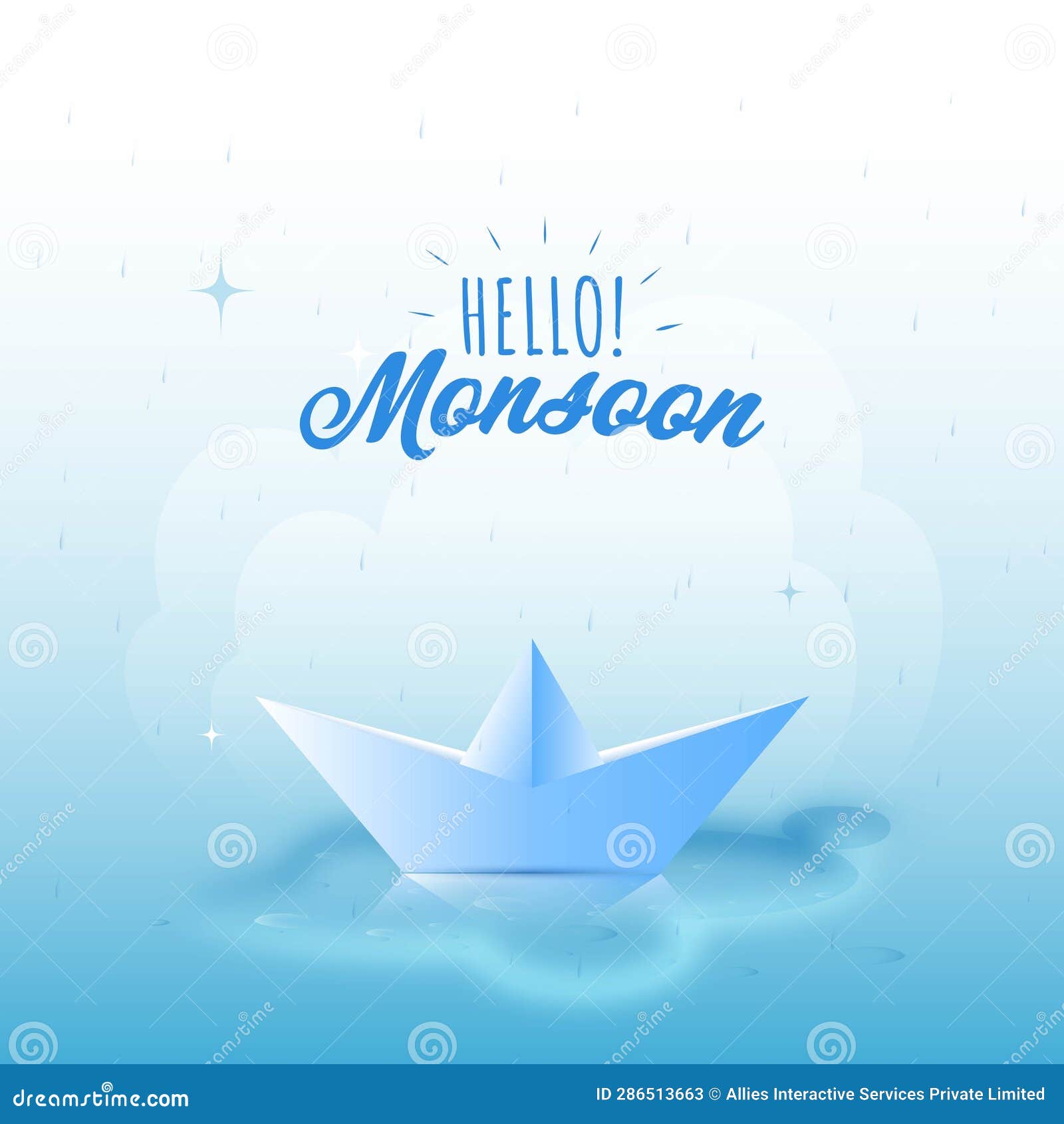 Hello Monsoon Poster Design with Paper Boat Sailing on Water Stock ...