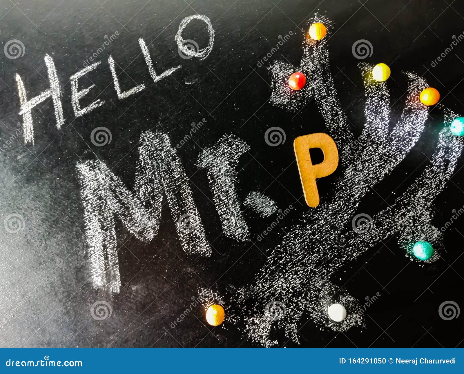 Hello Mr P Initial Name Written on Highlighted Pattern Chalkboard Stock ...