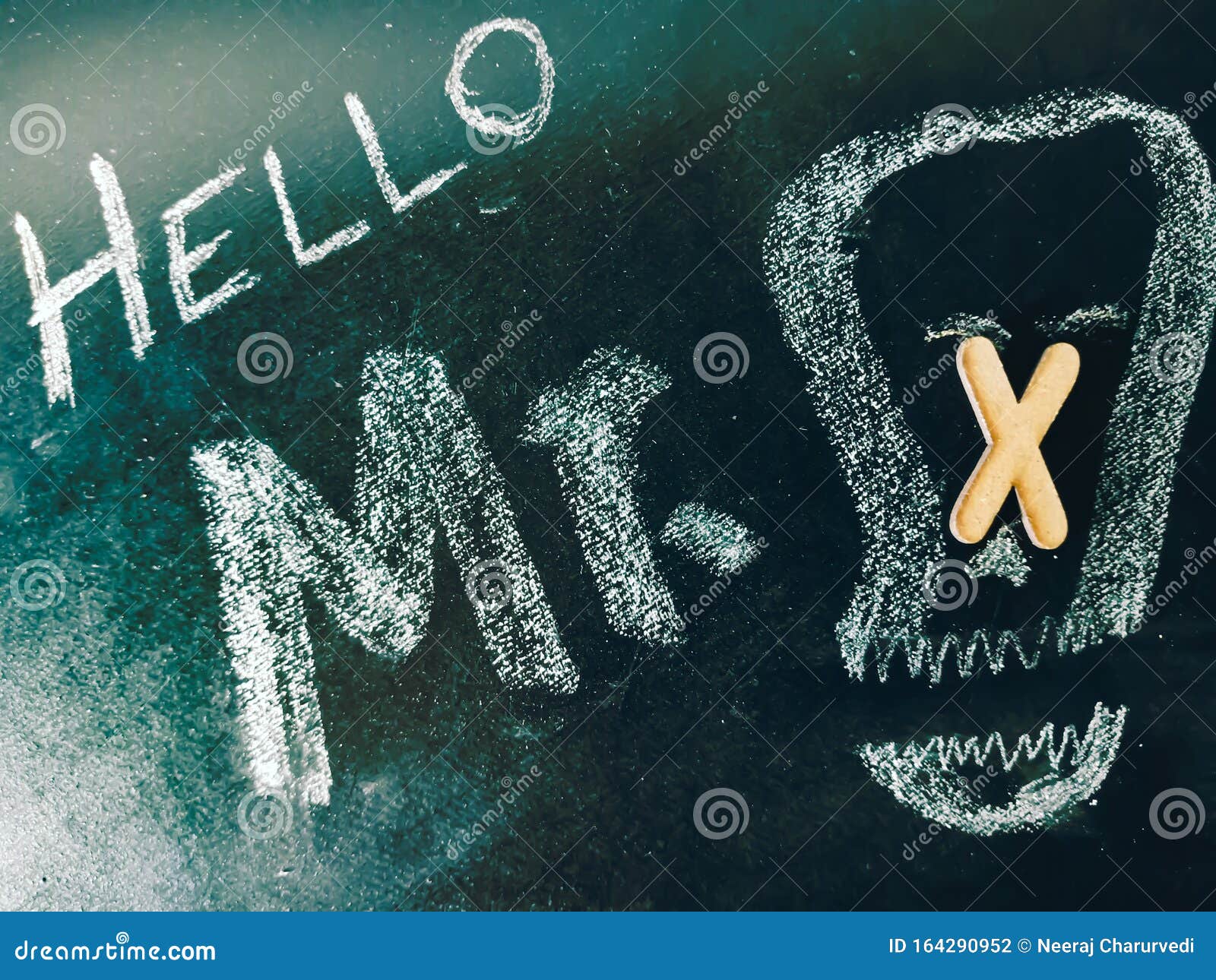 Hello Mr X Text Written on Chalkboard with Skeleton Drawing Stock Photo ...