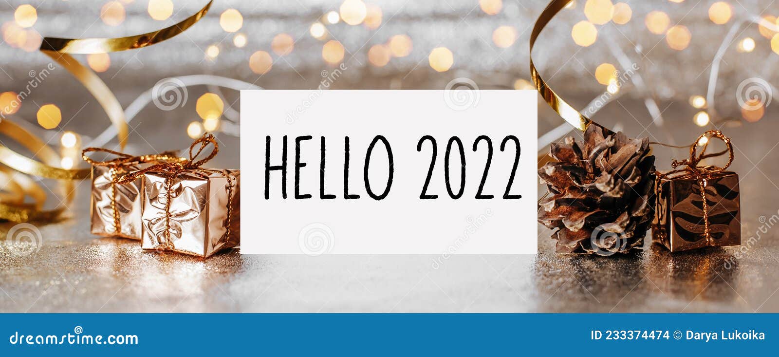 Hello 2022 Note with Envelope, Gifts and Gold Ribbon on White ...