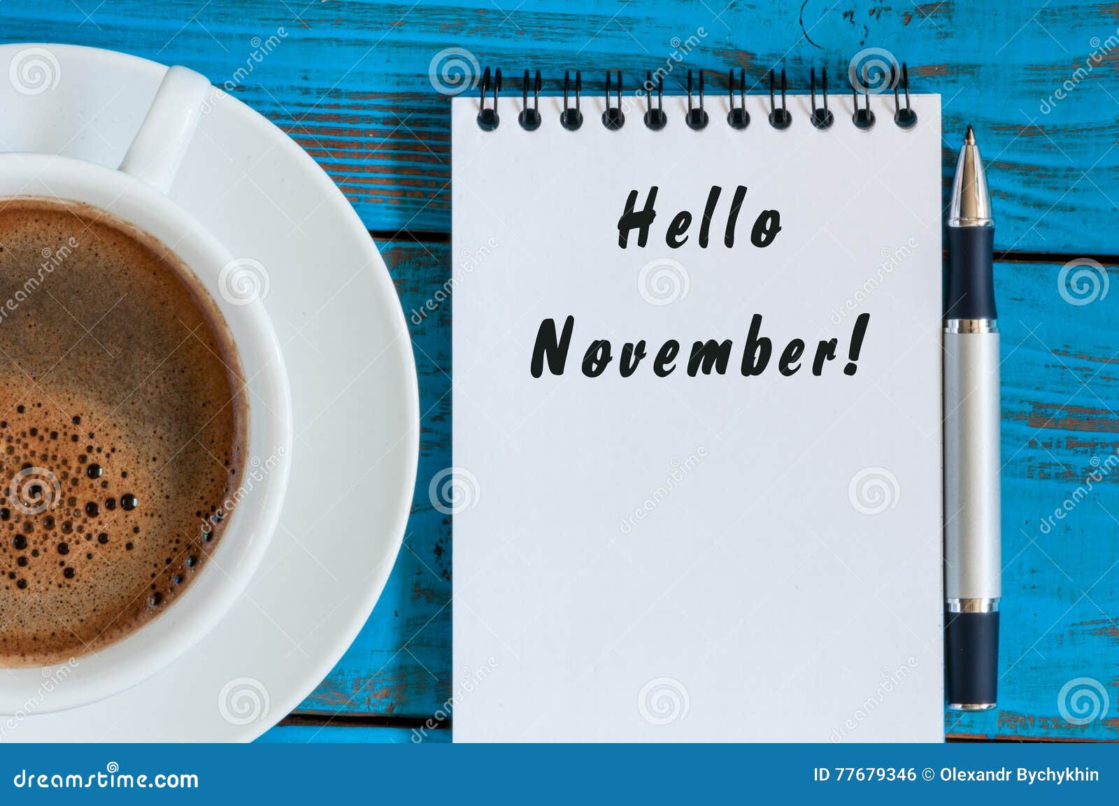 Hello November. Hand Drawn Lettering on Notepad at the Table with ...