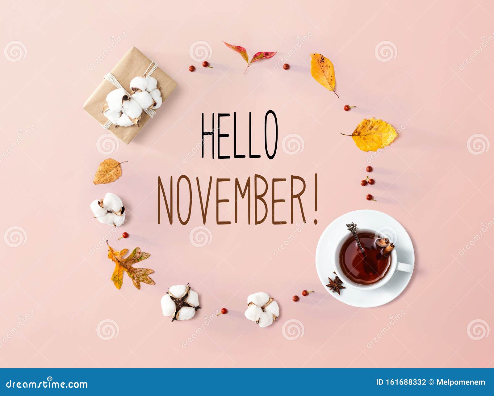 Hello November Message with Autumn Leaves and Tea Stock Photo - Image ...