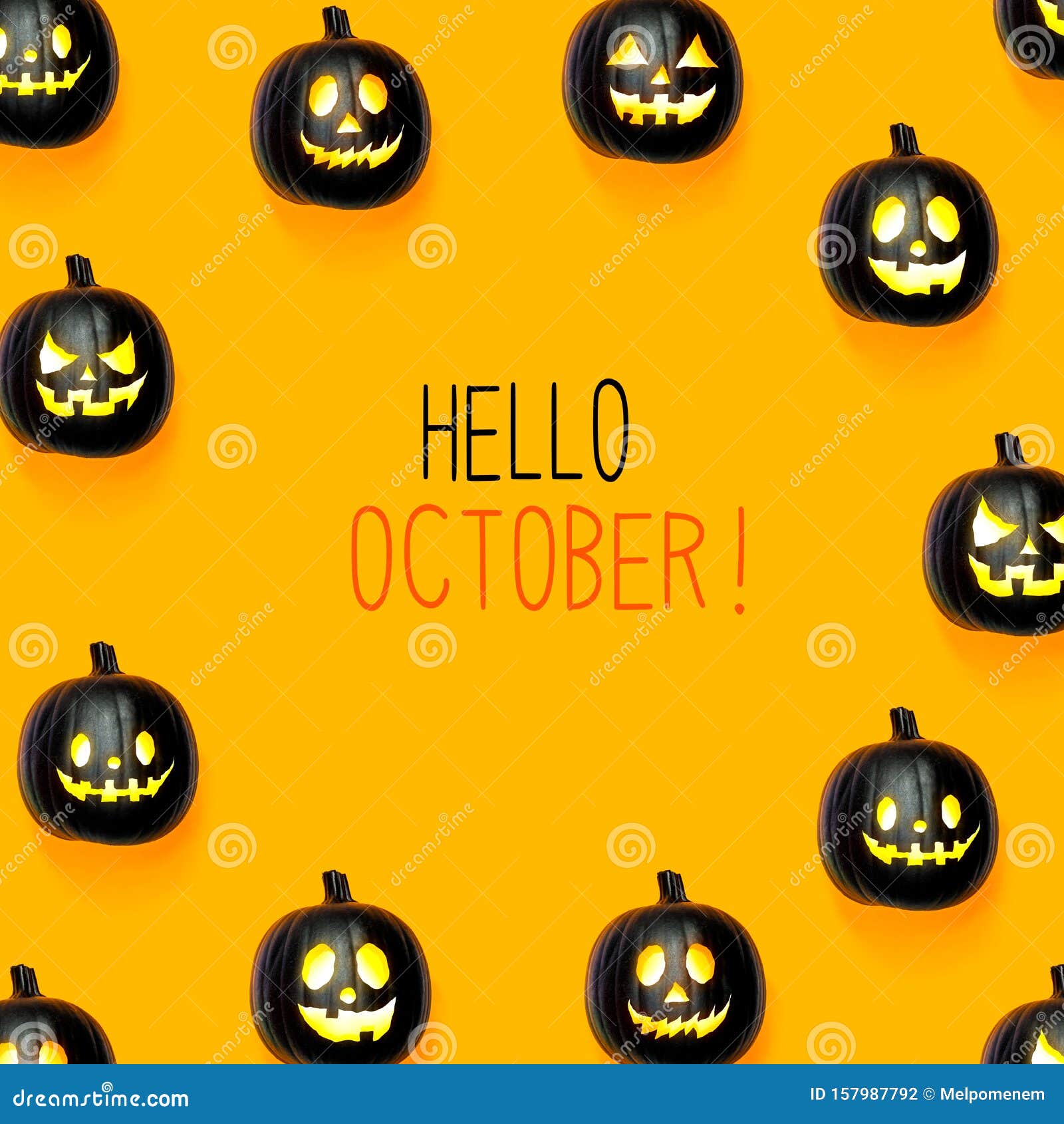 Hello October with Black Pumpkins Stock Photo - Image of halloween ...