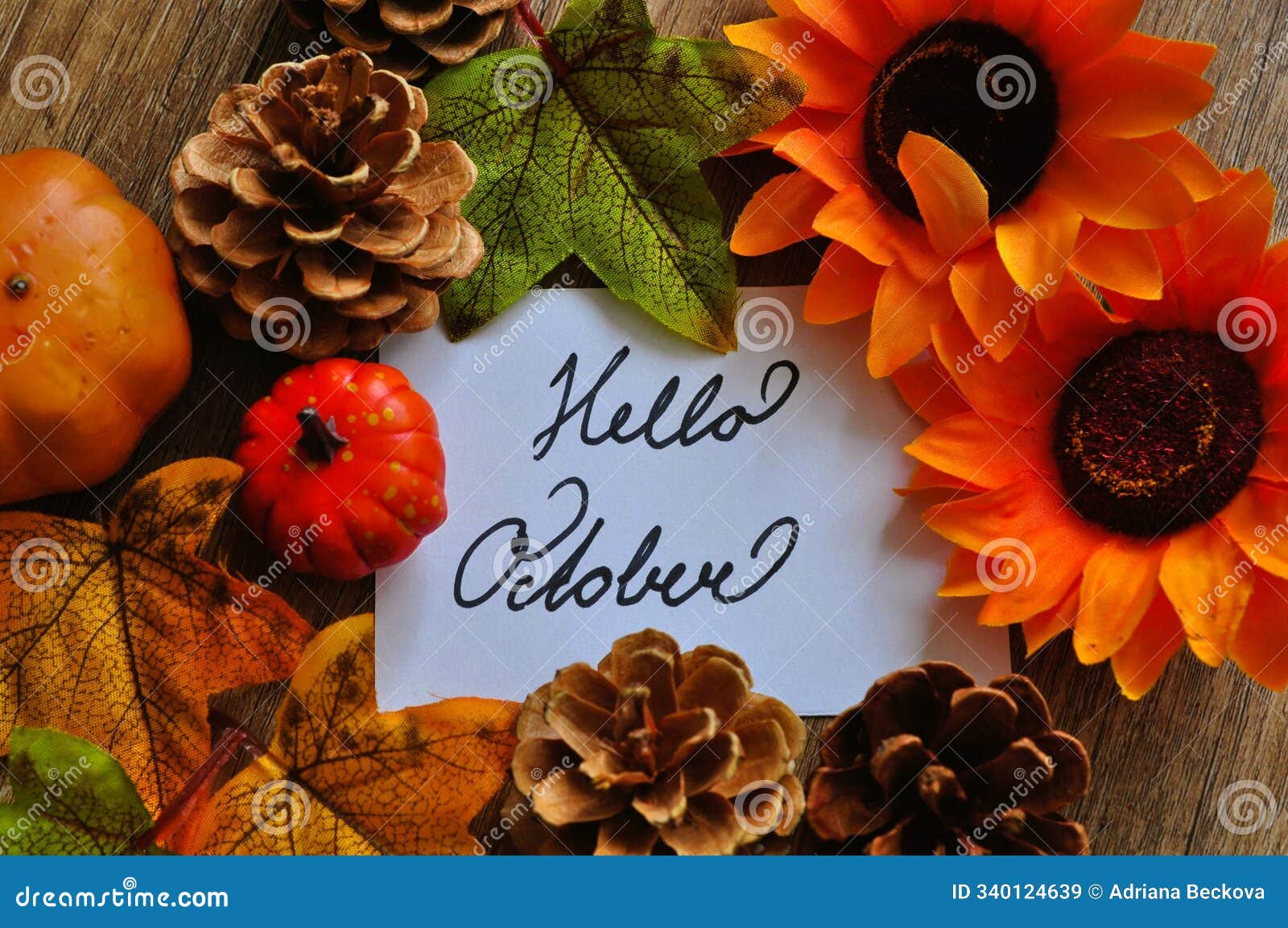 Hello October Card between Autumn Decorations Stock Illustration ...