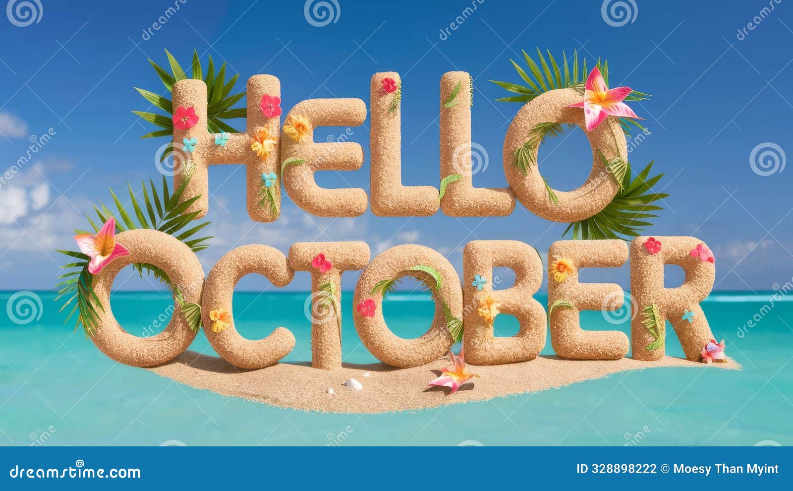 Hello October Greeting Card with Beach Theme Stock Illustration ...