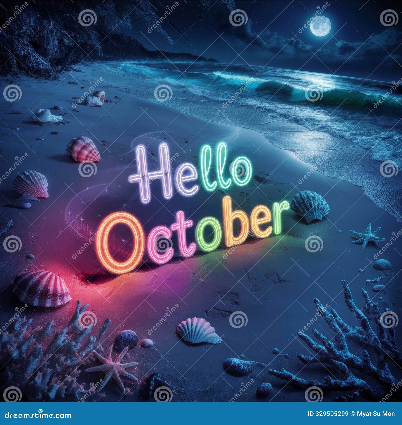 Hello October Greeting Card with Beach Theme Stock Illustration ...