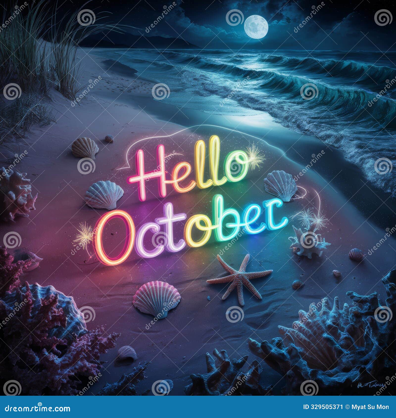 Hello October Greeting Card with Beach Theme Stock Illustration ...