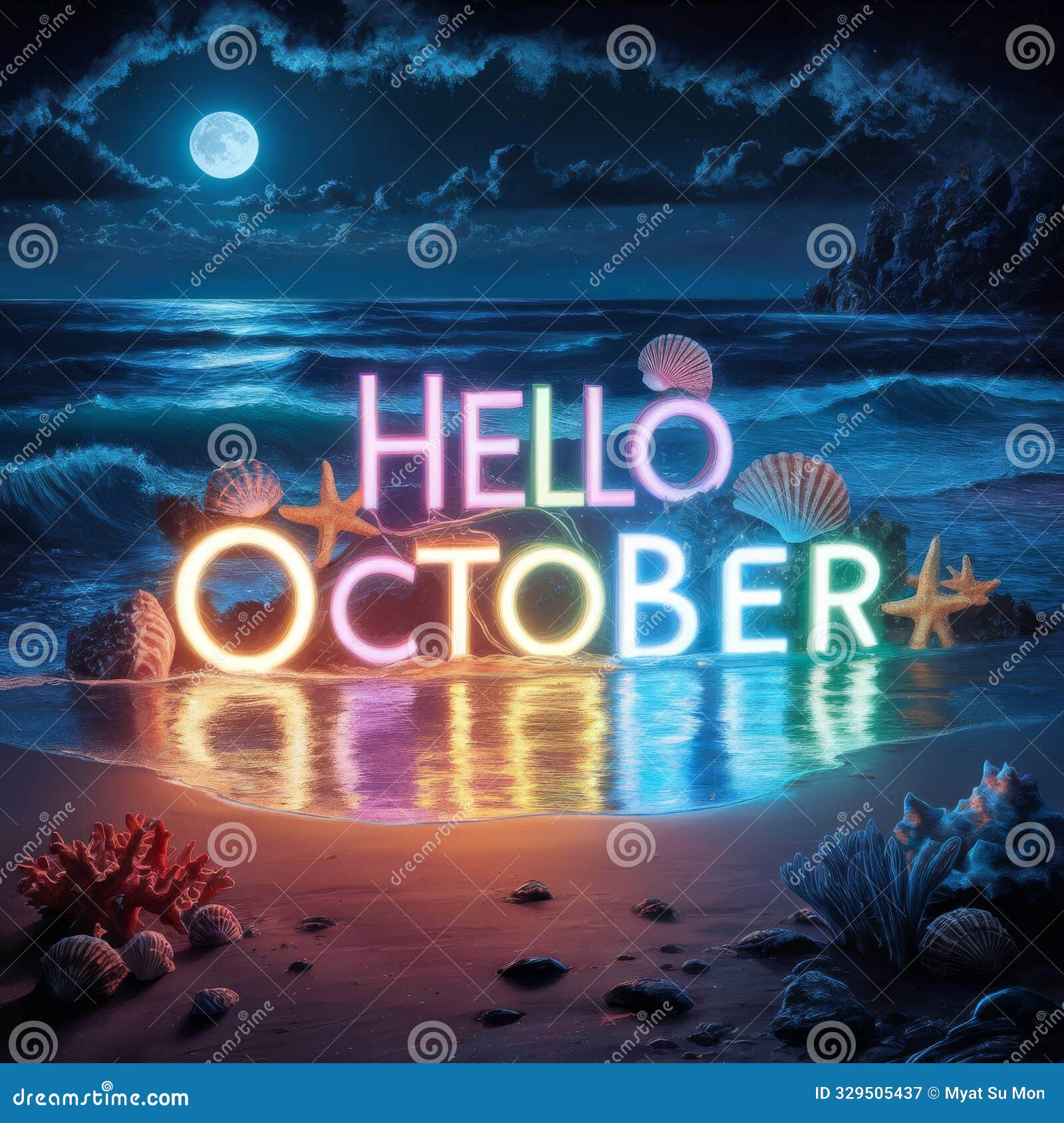 Hello October Greeting Card with Beach Theme Stock Illustration ...