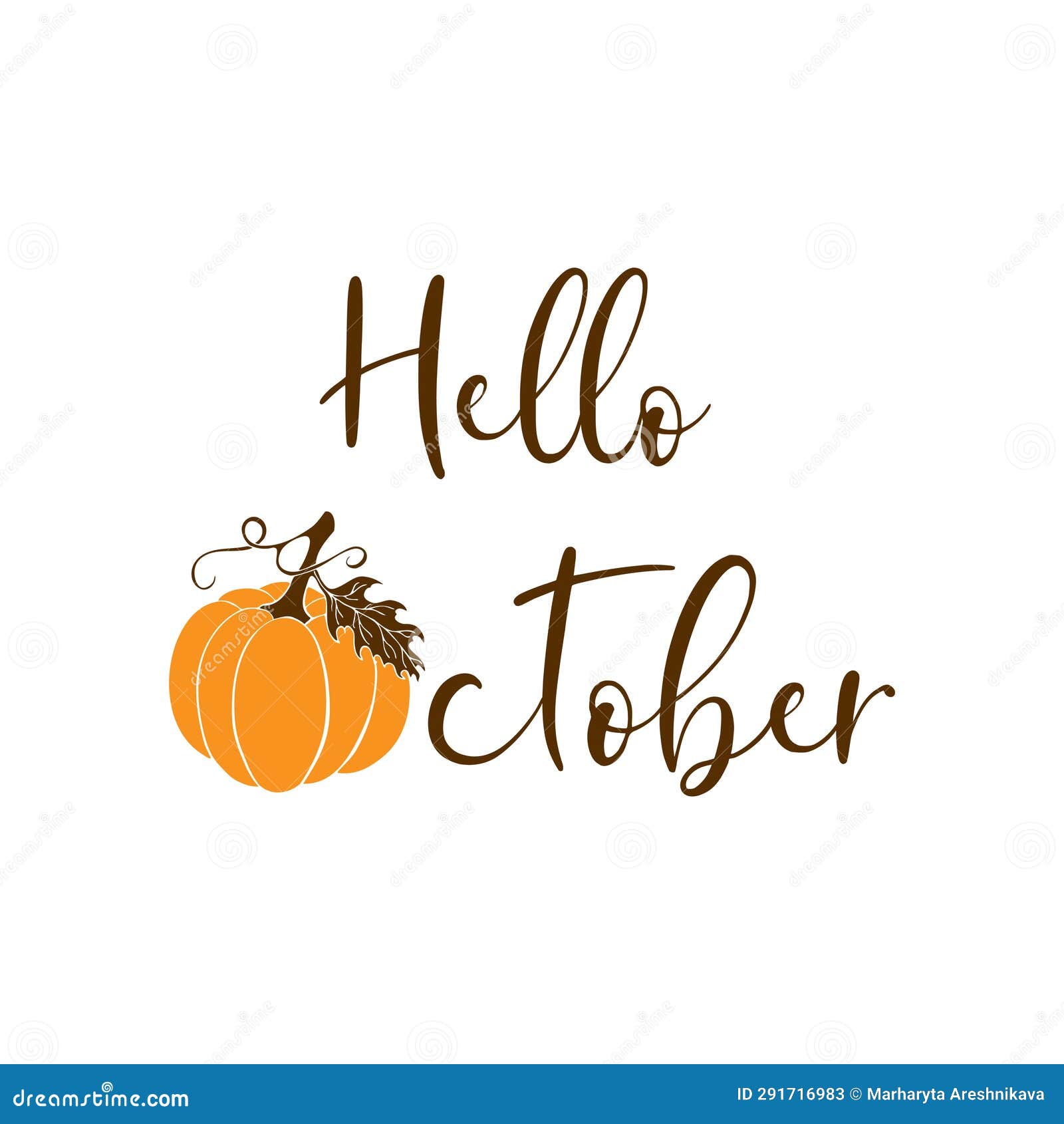 Hello October Lettering with Hand Drawn Pumpkin, Isolated, White ...