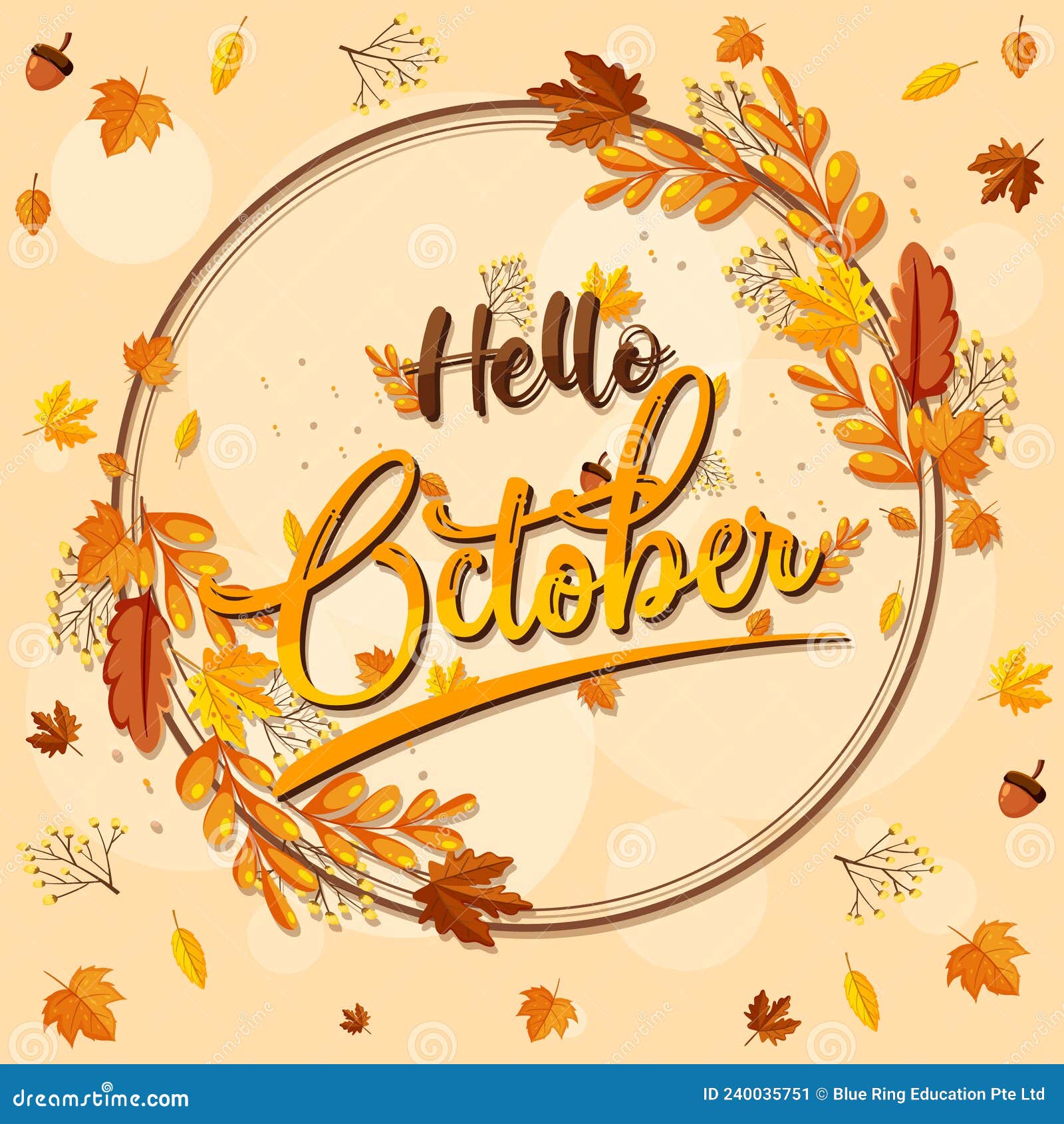 Hello October Logo with Ornamental Autumn Leaf Stock Vector ...