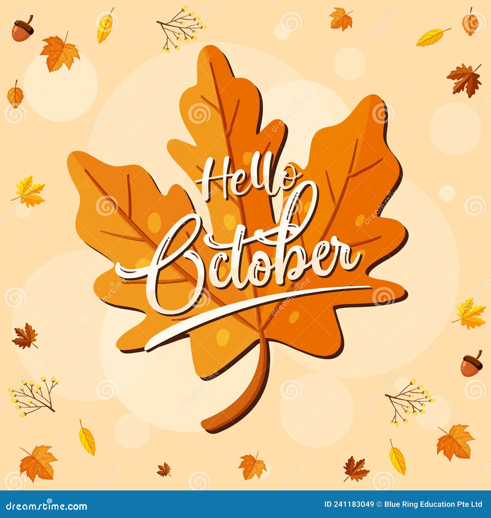 Hello October Logo with Ornamental Autumn Leaf Stock Vector ...
