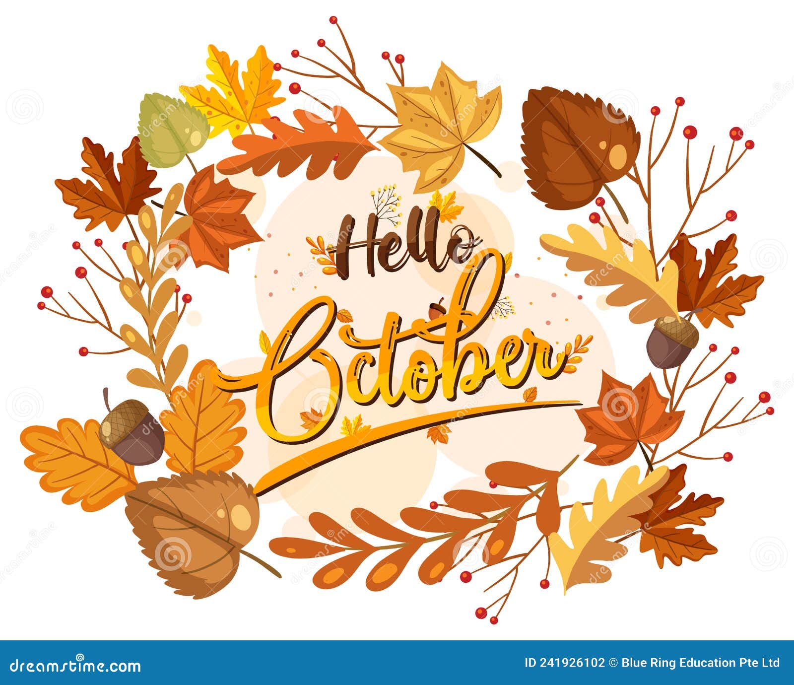 Hello October Logo with Ornamental Autumn Leaf Stock Vector ...