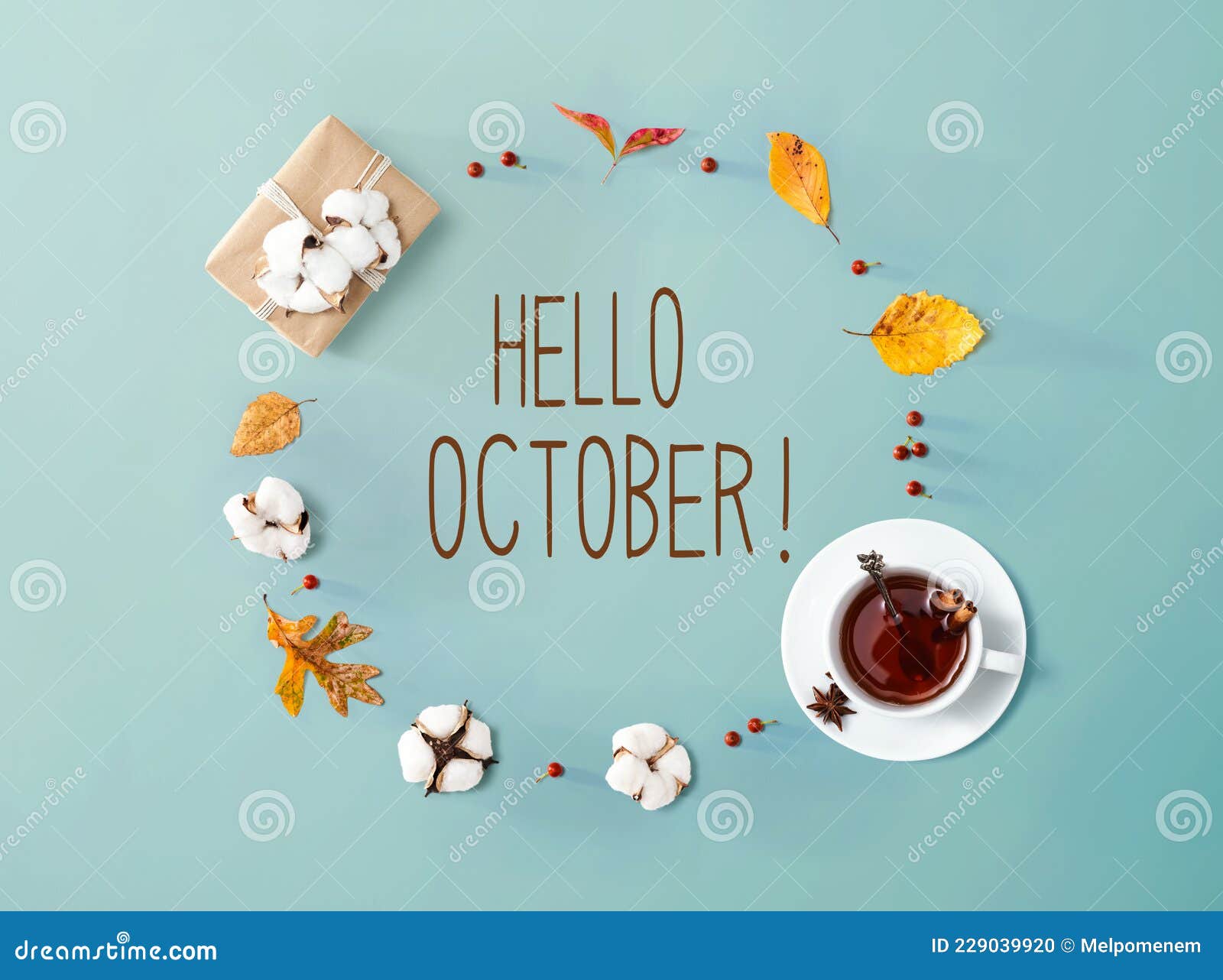 Hello October Message with Autumn Leaves and Tea Stock Photo - Image of ...