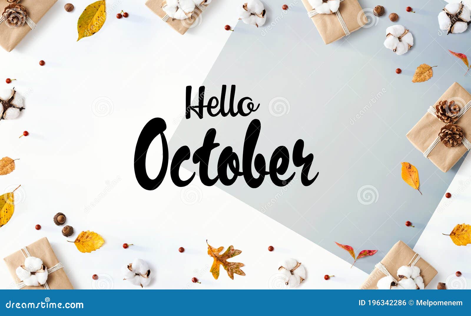 Hello October Message with Gift Boxes with Leaves Stock Photo - Image ...