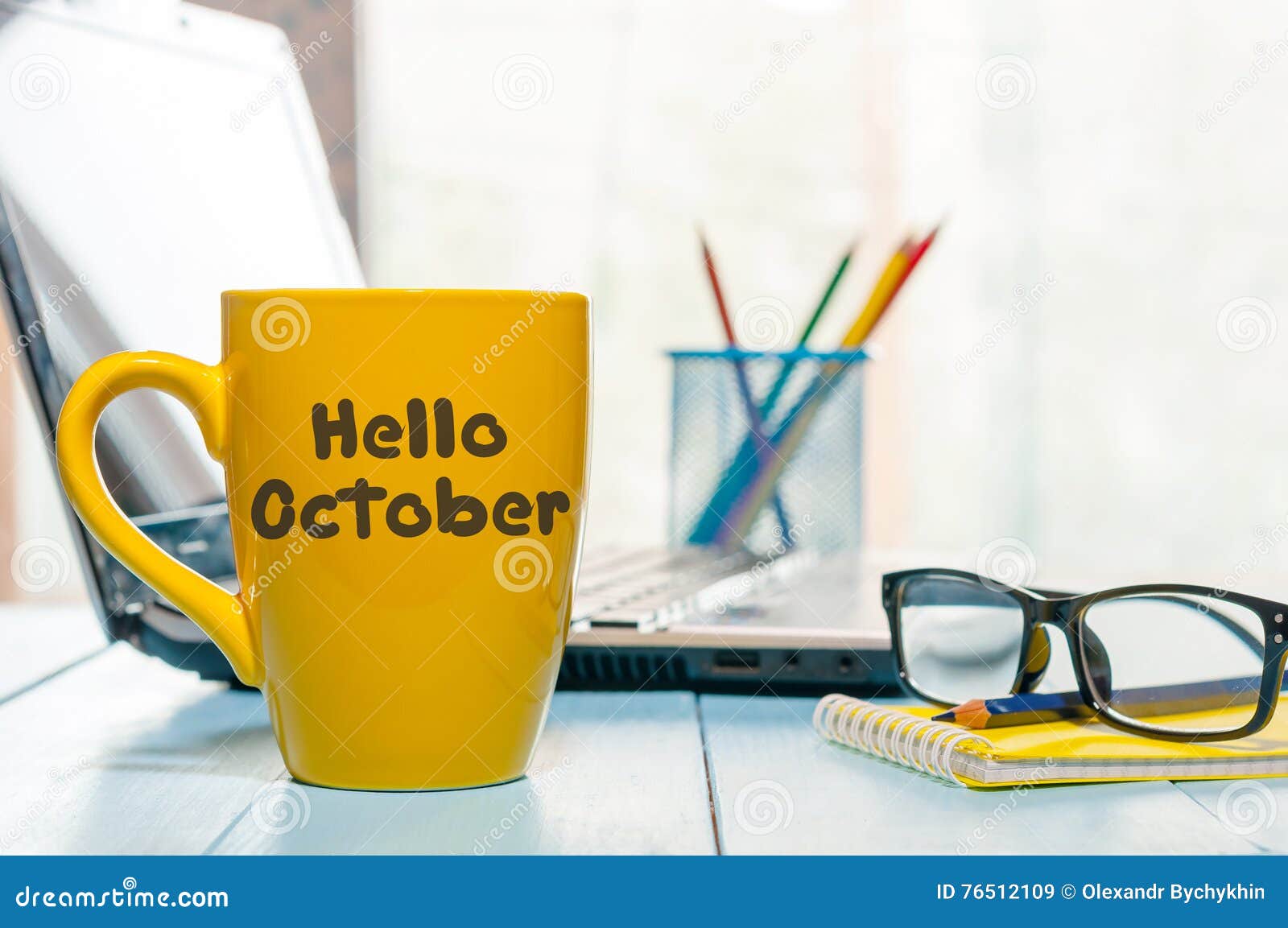 Hello October on Morning Coffee Cup at Business Office Workplace with ...