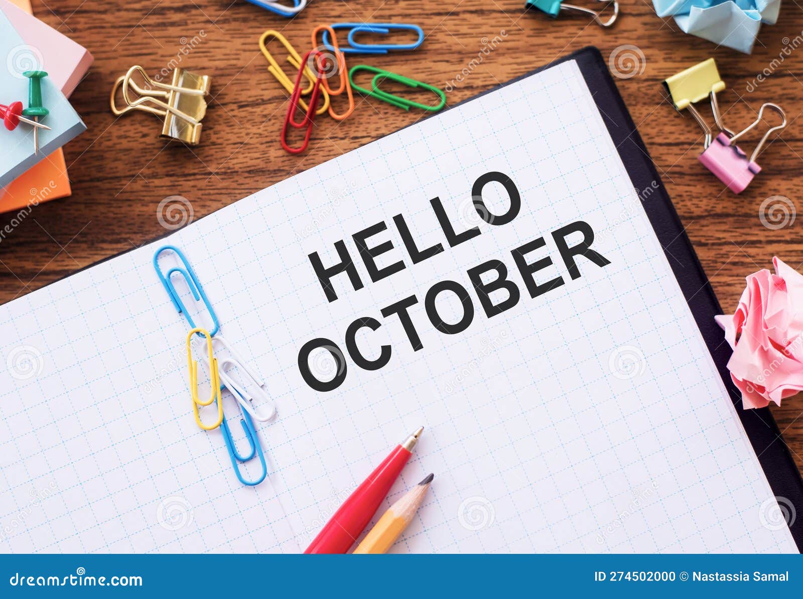 Hello October. Notepad on a Wooden Office Table Stock Photo - Image of ...
