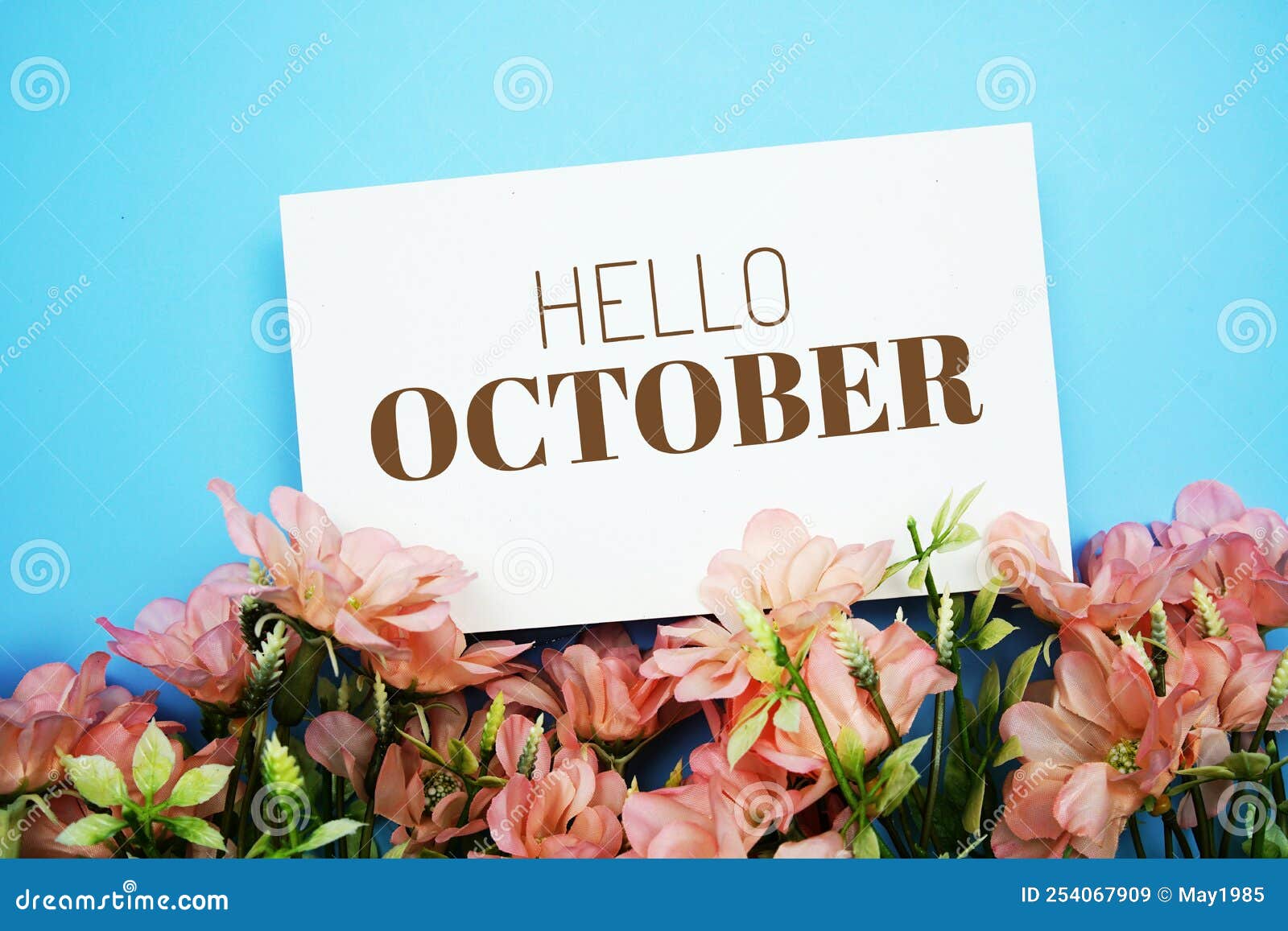 Hello October Text Message with Flower Decoration on Blue Background ...