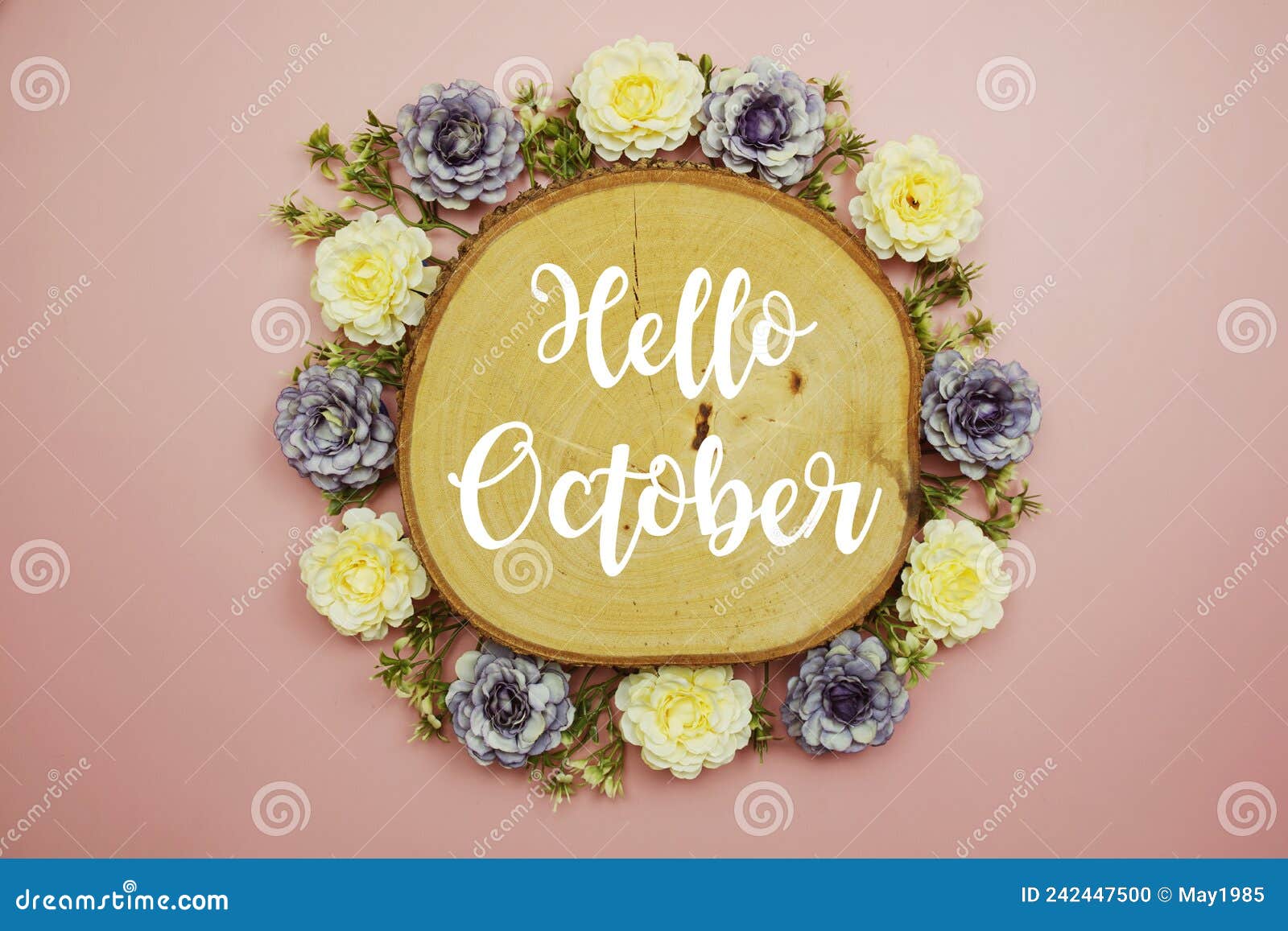 Hello October Typography Text Decorate with Flower on Pink Background ...