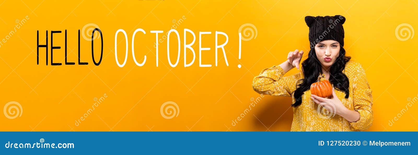 Hello October with Woman Holding a Pumpkin Stock Photo - Image of adult ...