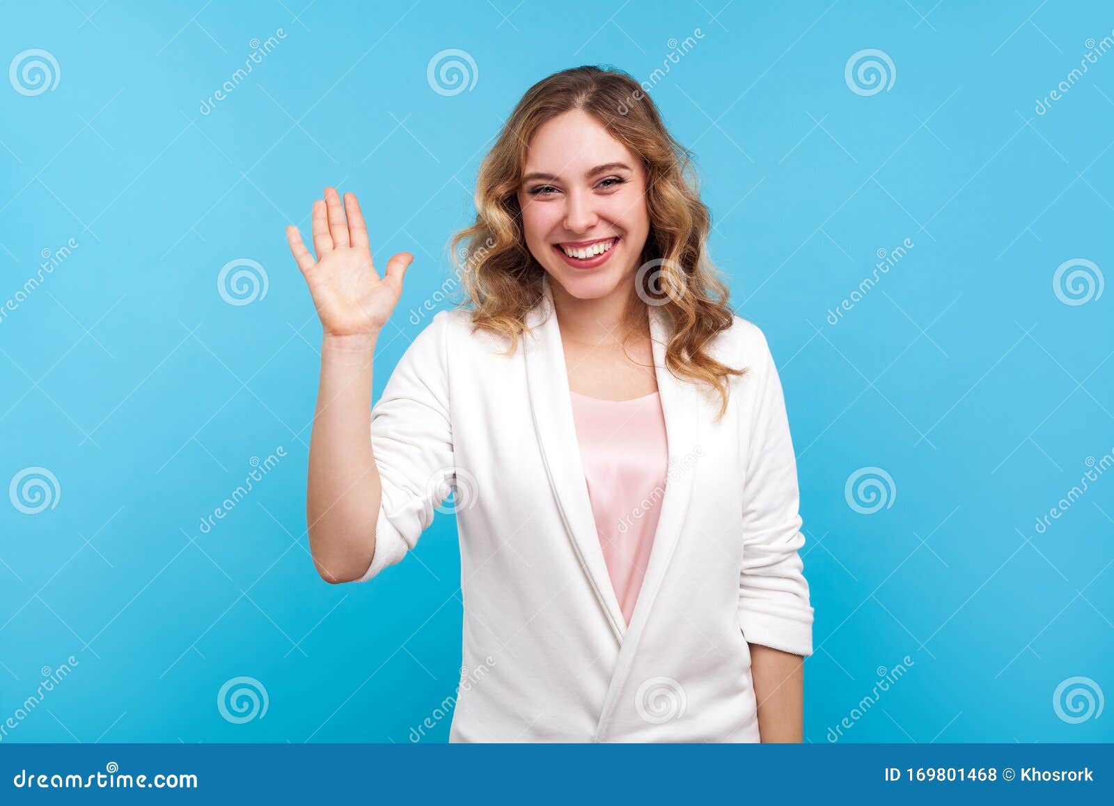 Hello Portrait Of Friendly Kind Cheerful Girl Waving Hand Saying Hi
