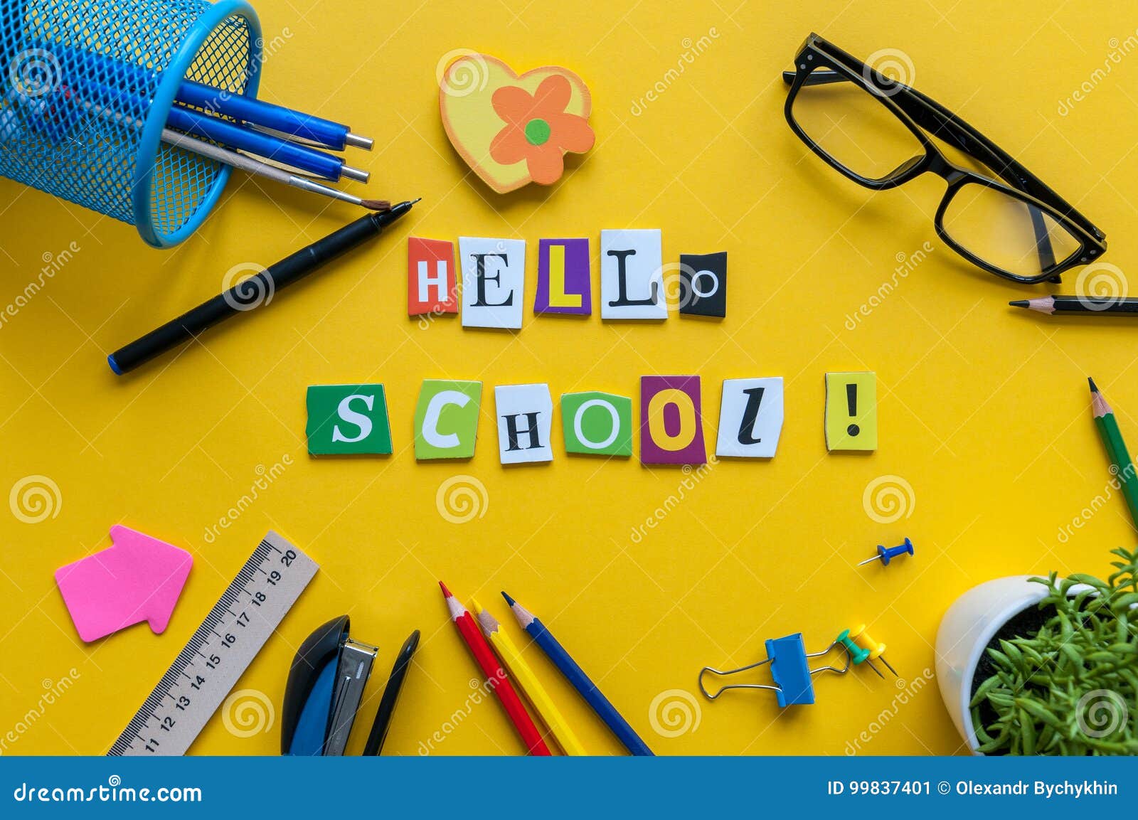 Hello School. Items for the School on a Yellow Table. Pupil Outfit ...