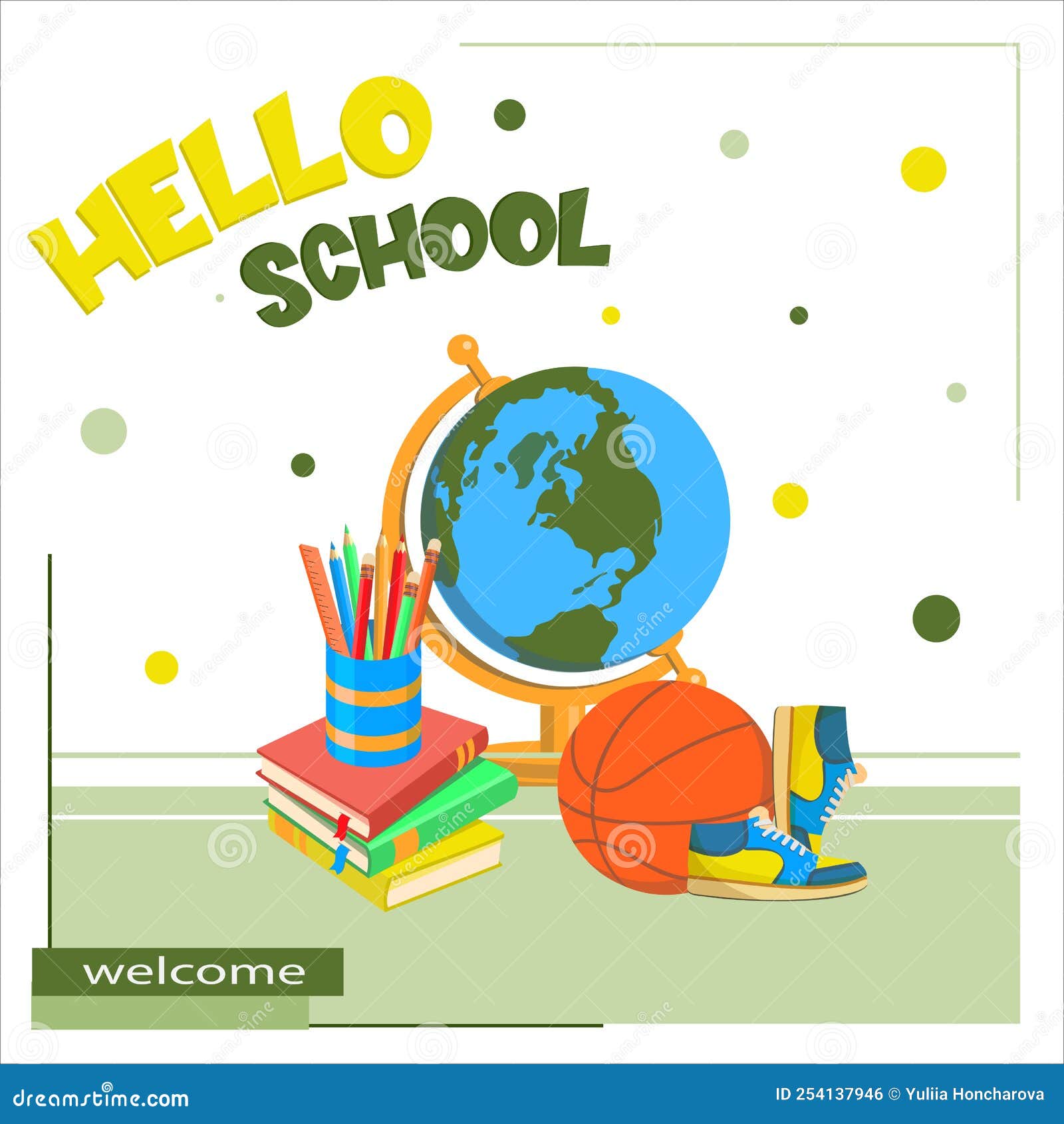Cute Hello School Poster with Elements of School Supplies. Stock Vector ...